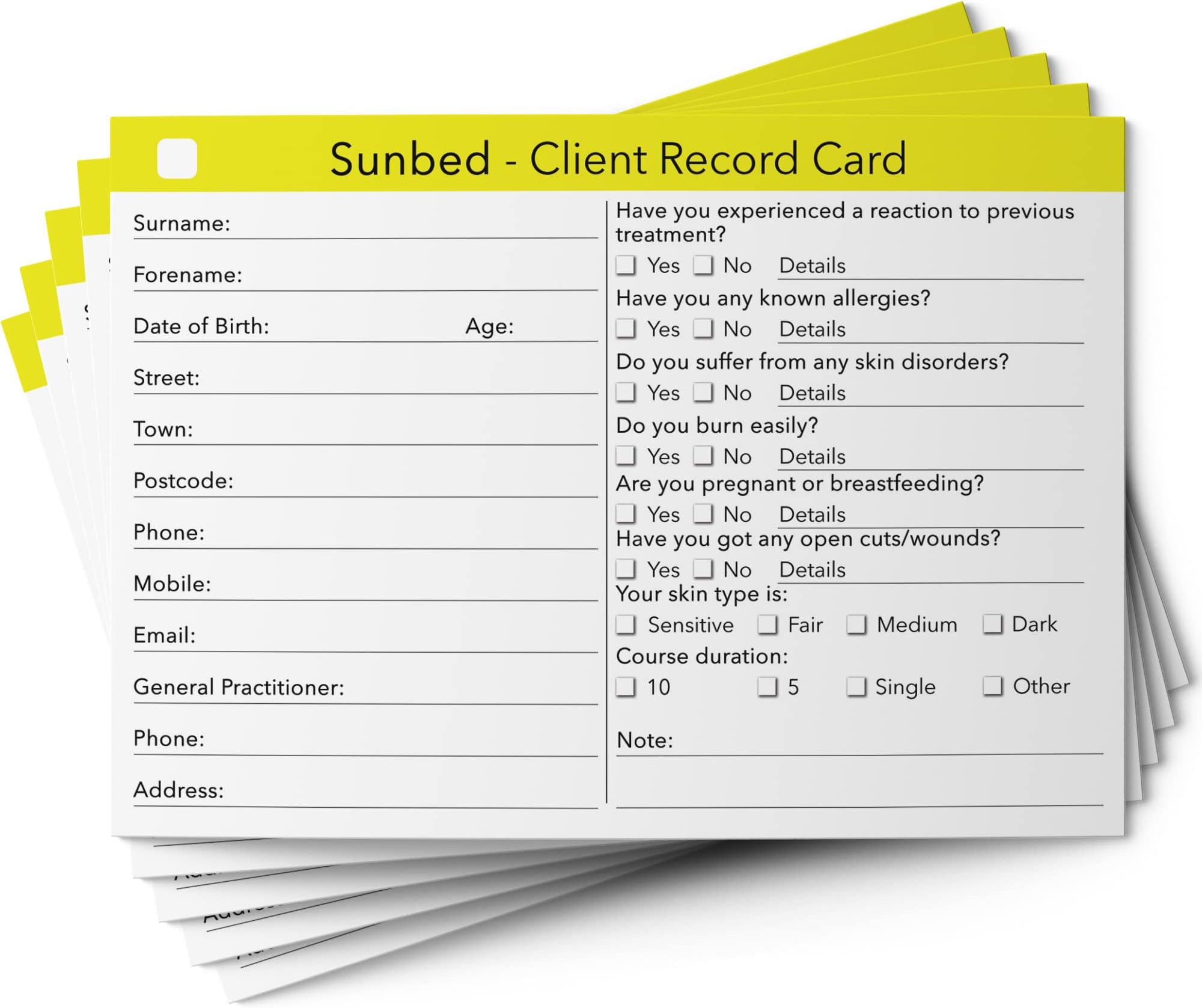 Sunbed Tanning Client Record Card - Treatment Consultation Form for ...