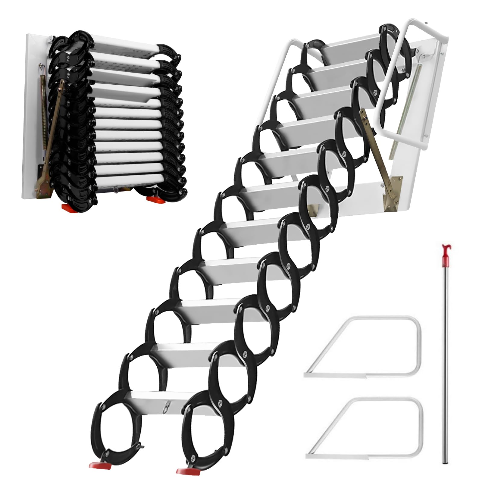 12FT Attic Ladder Pull Down System, 12-Step Al-Mg Alloy Collapsible ...
