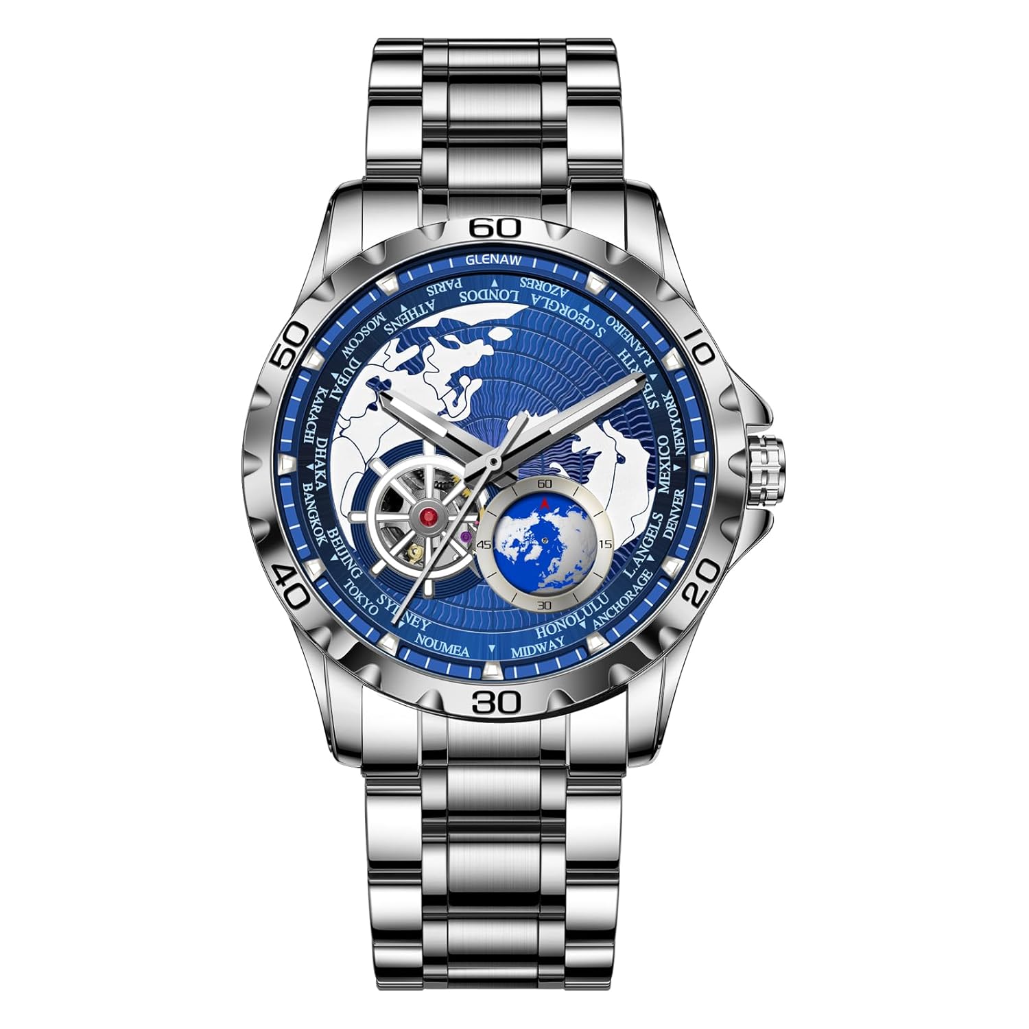 Buy GLENAW Automatic Watches for Men, Blue Rotating Little Earth Blue ...