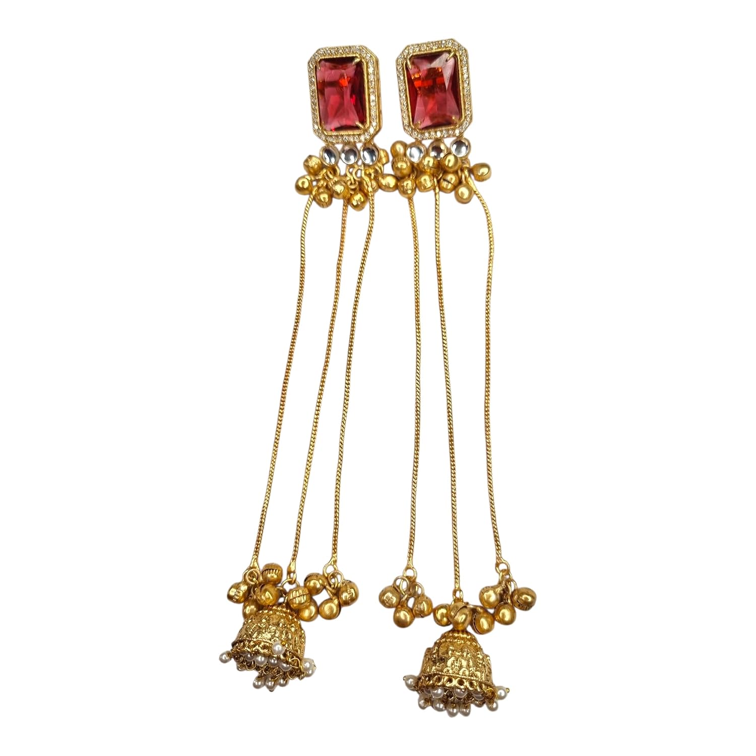 Traditional Kashmiri Jhumka Earrings, Long Drop Style with Red Stones ...