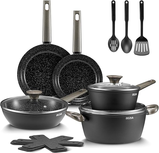Amazon.com: BEZIA Induction Cookware Set 15-Piece, Nonstick Pots and ...