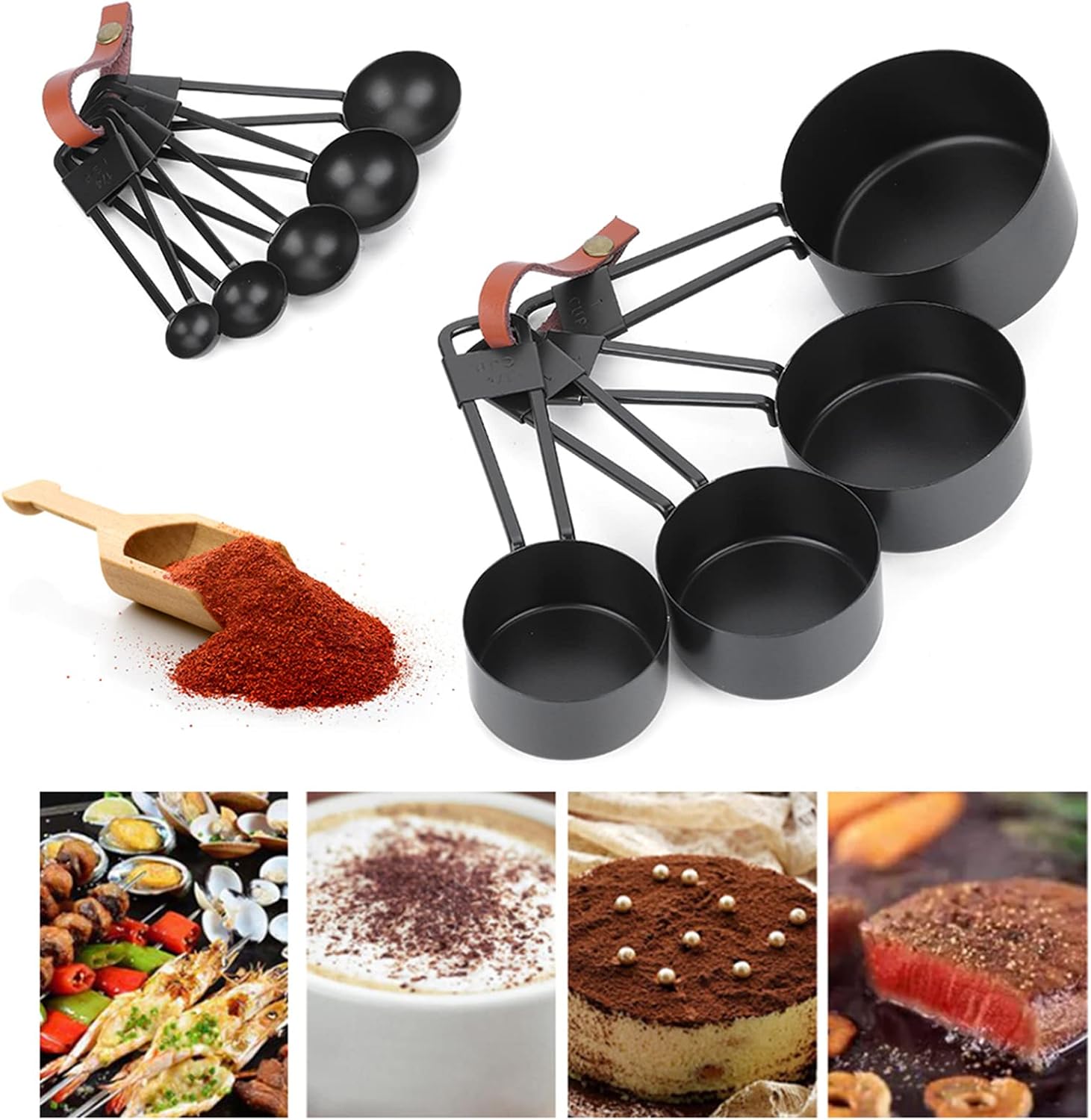 Amazon.com: 9PCS Black Stainless Steel Measuring Cups Set, Coffee Spoon ...