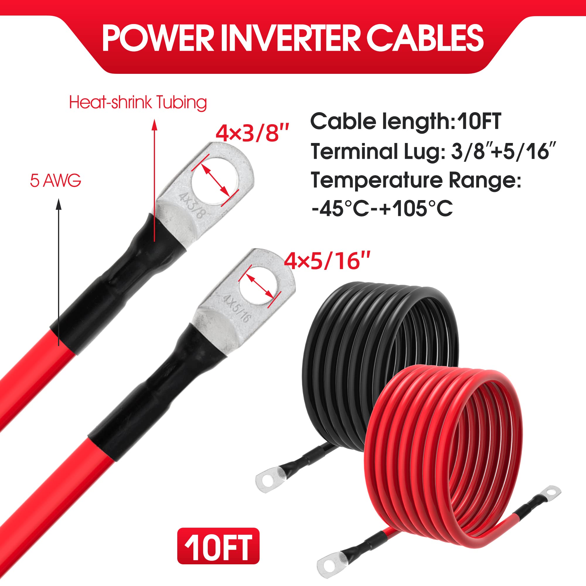 5 AWG Battery Cables 5 Gauge Power Inverter Cables with 3/8 Inch and 5/ ...