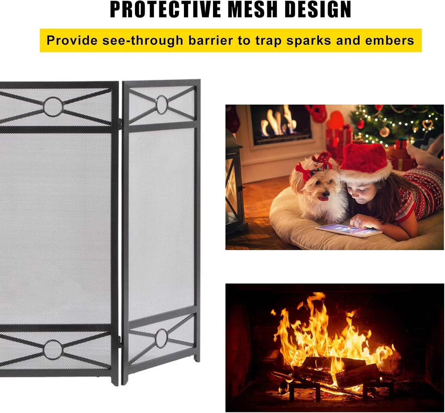 Fireguard Fireplace Screen 3 Panel, Wrought Iron Black Hearth Screen ...