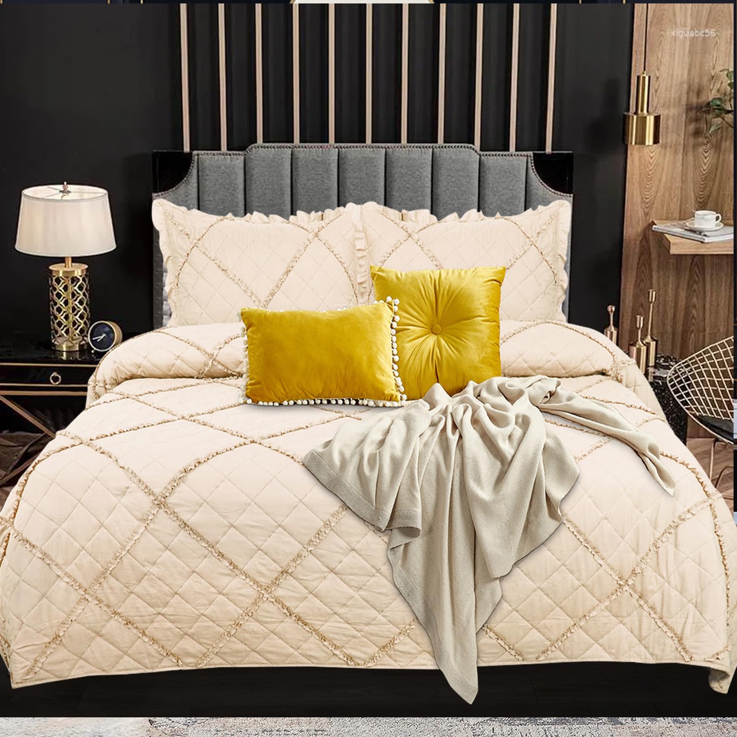 Fit Even Quilt Ruffle Bedspread 2 Piece Set – Coverless Quilted Diamond ...