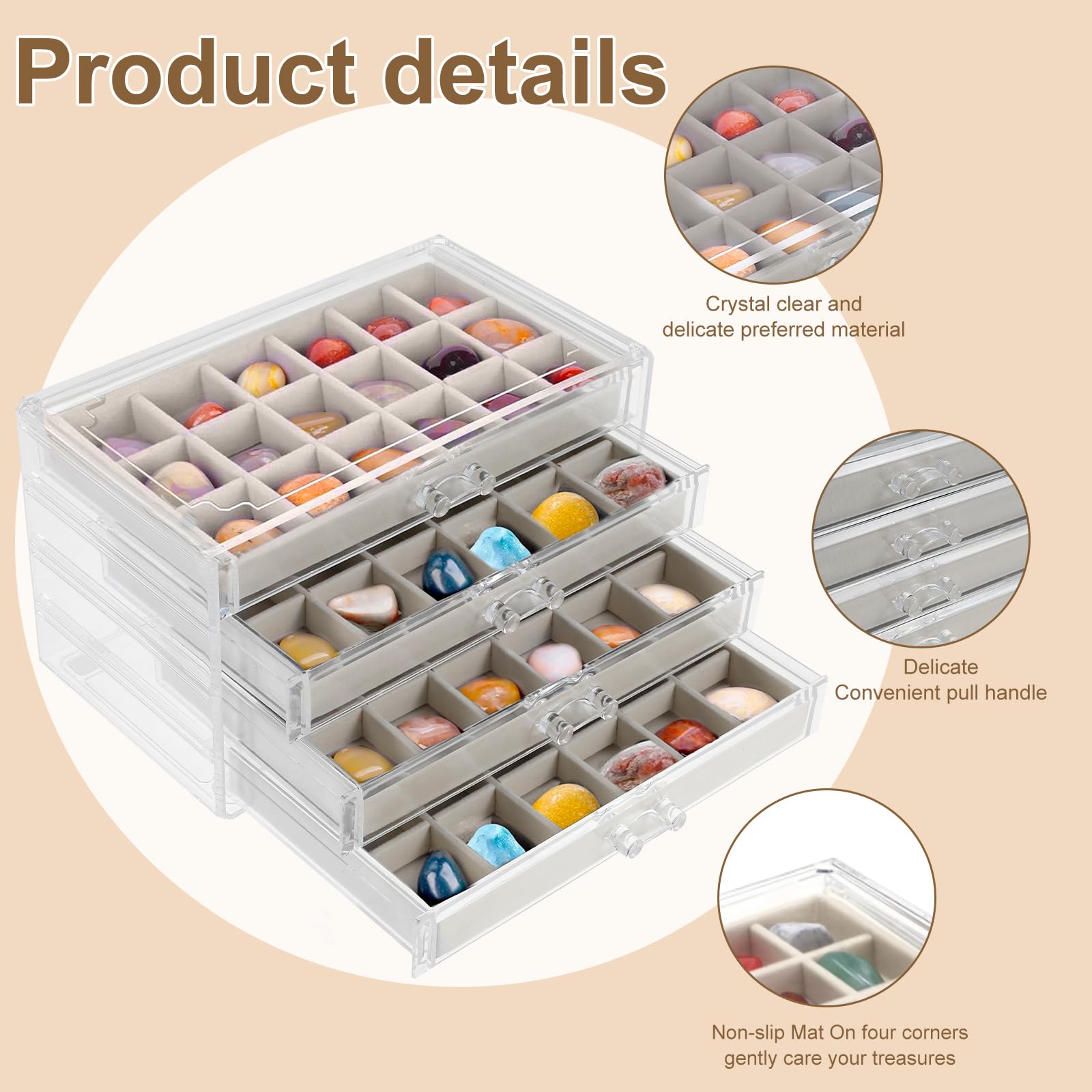 Gatphy Rock Display Case, 4 Drawers Rock Collection Box 72 Grids Rocks ...