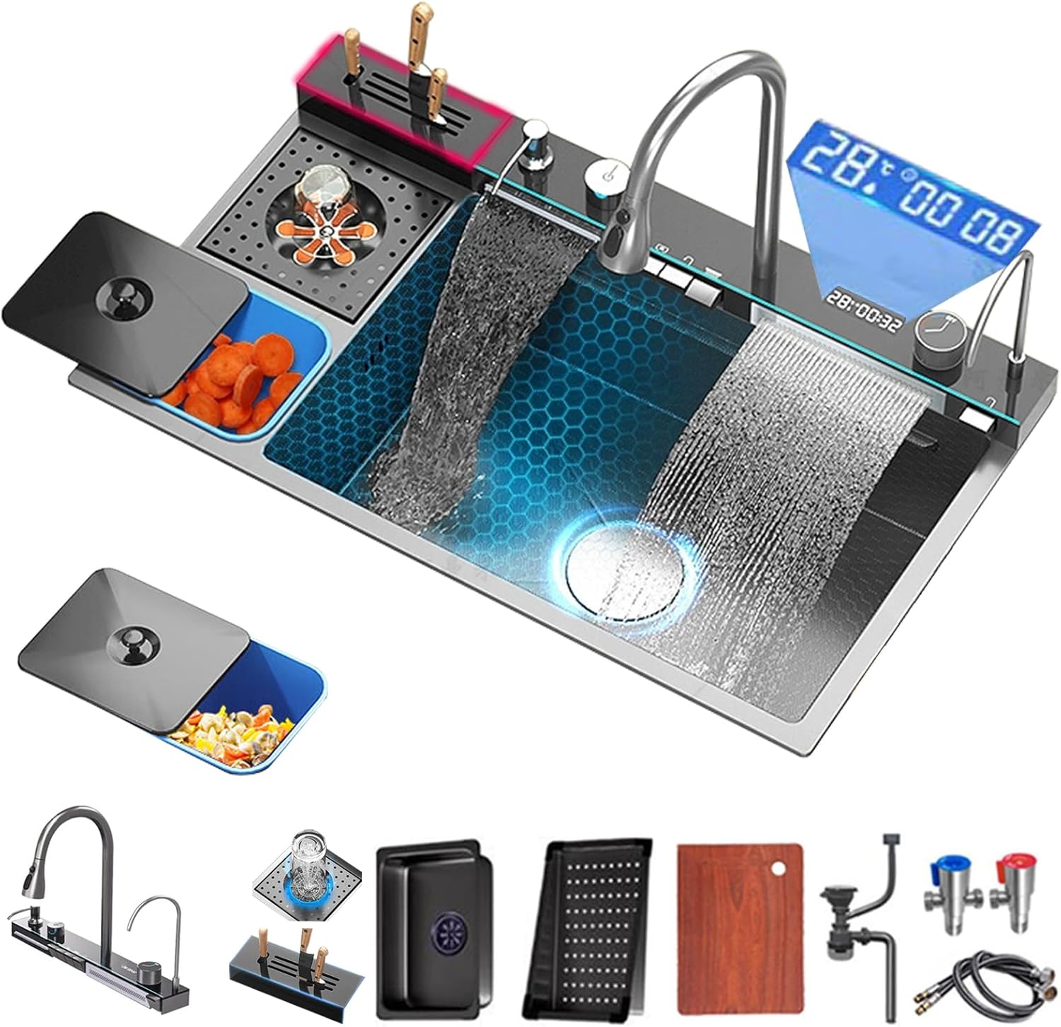 FIVIXIL Kitchen Sink Whale Double Waterfall Sink with LED Display with ...