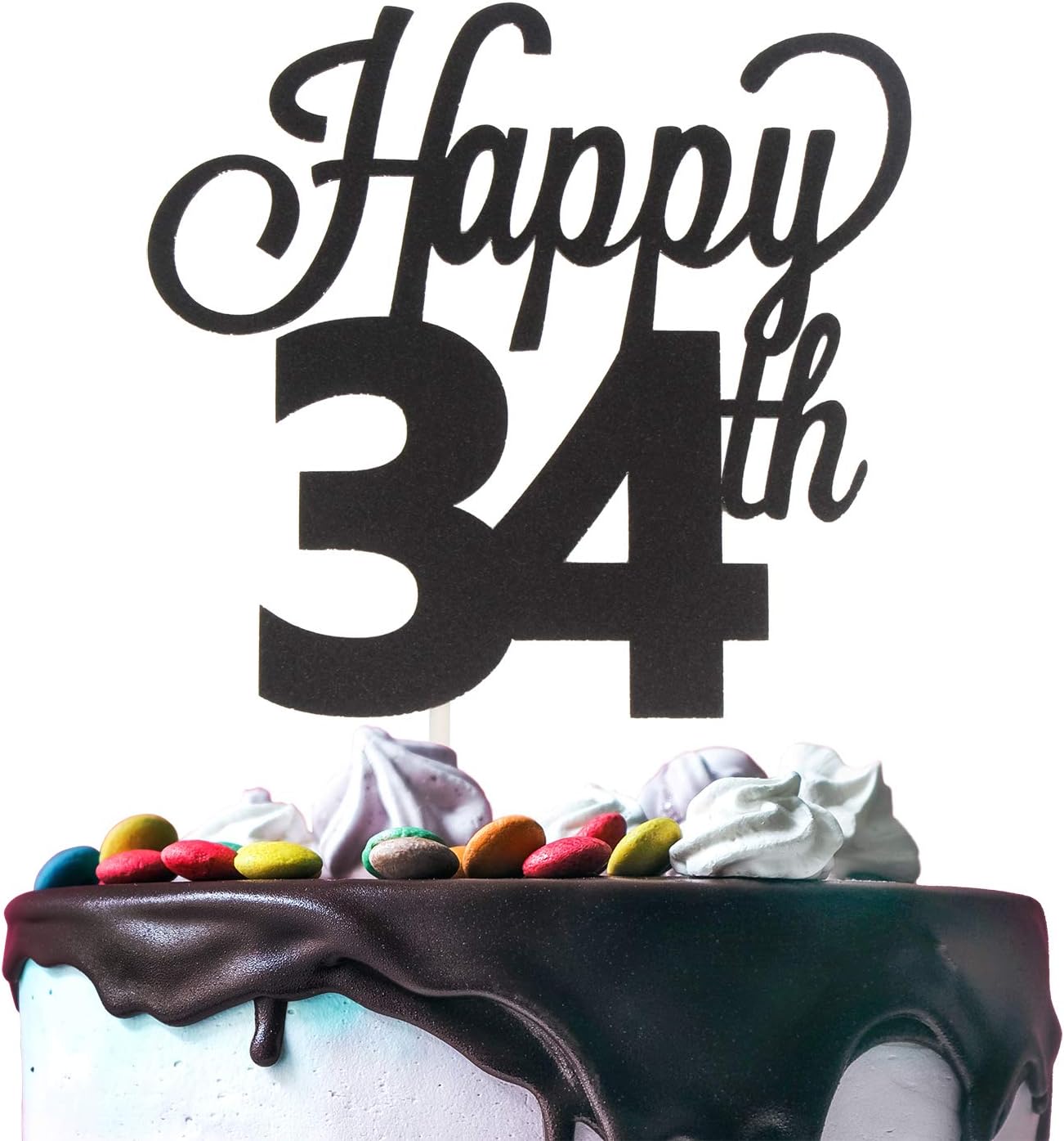 Amazon.com: LINGTEER Happy 34th Birthday Black Cake Topper - Cheers to ...