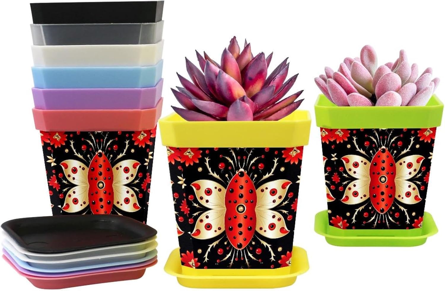 Amazon.com: HemaKayy Set of 8 Flowerpot Plant Pots with Bases - Ladybug ...