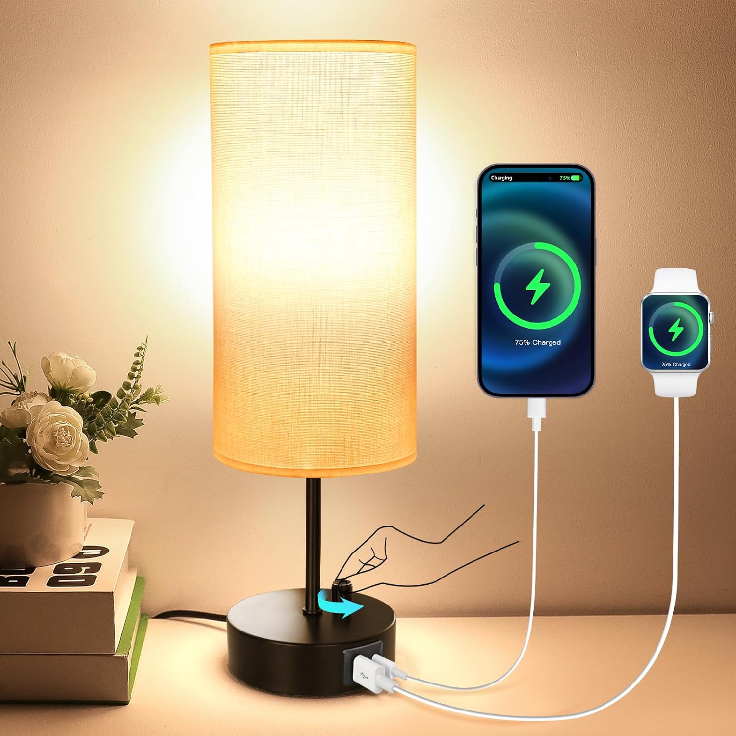 Eocean Bedside Table Lamp with Rotary Switch, Dimmable Table Lamp with ...
