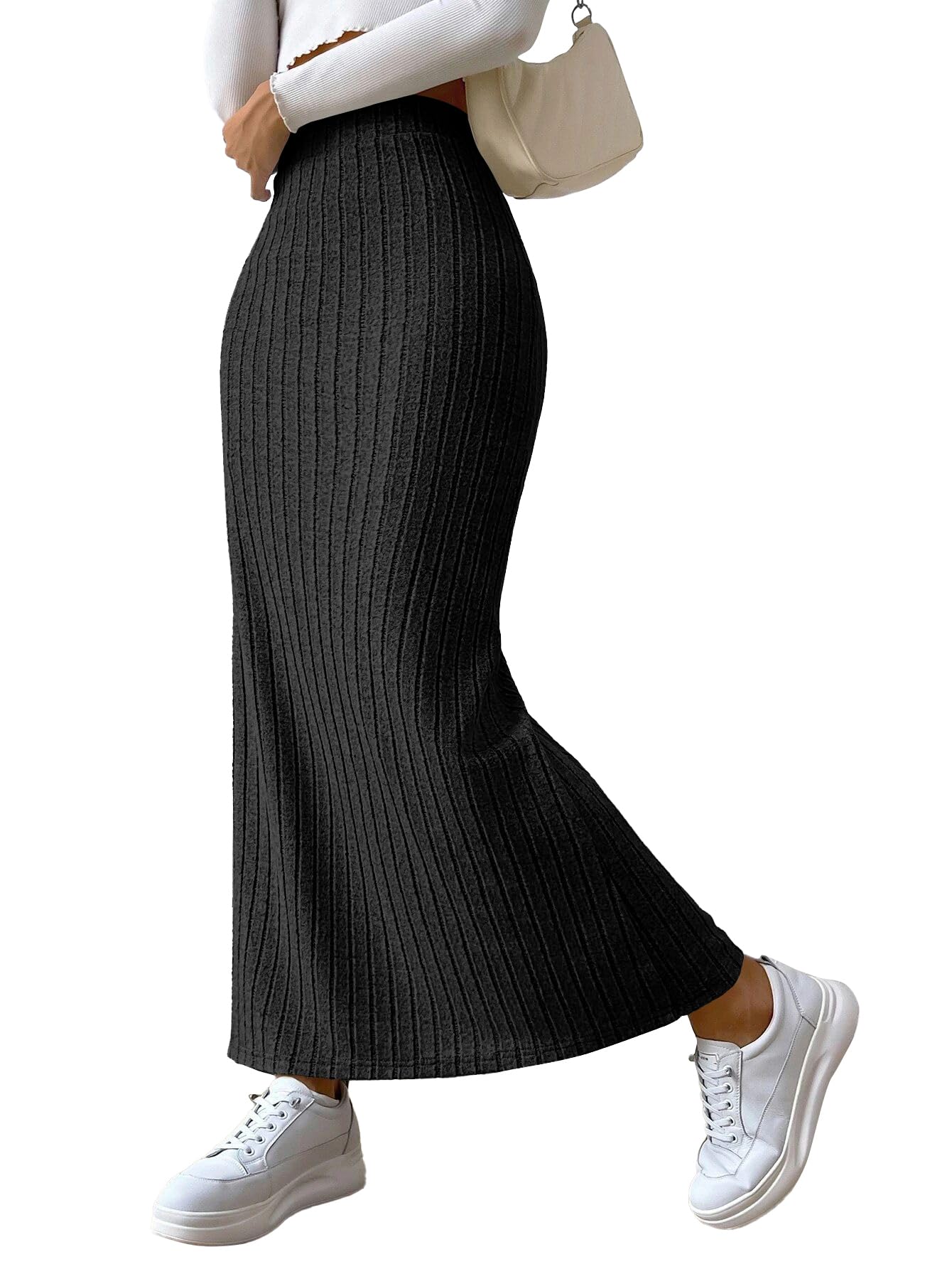 Women's Side Slit Ribbed Knit Bodycon High Waisted Casual Long Skirts X ...