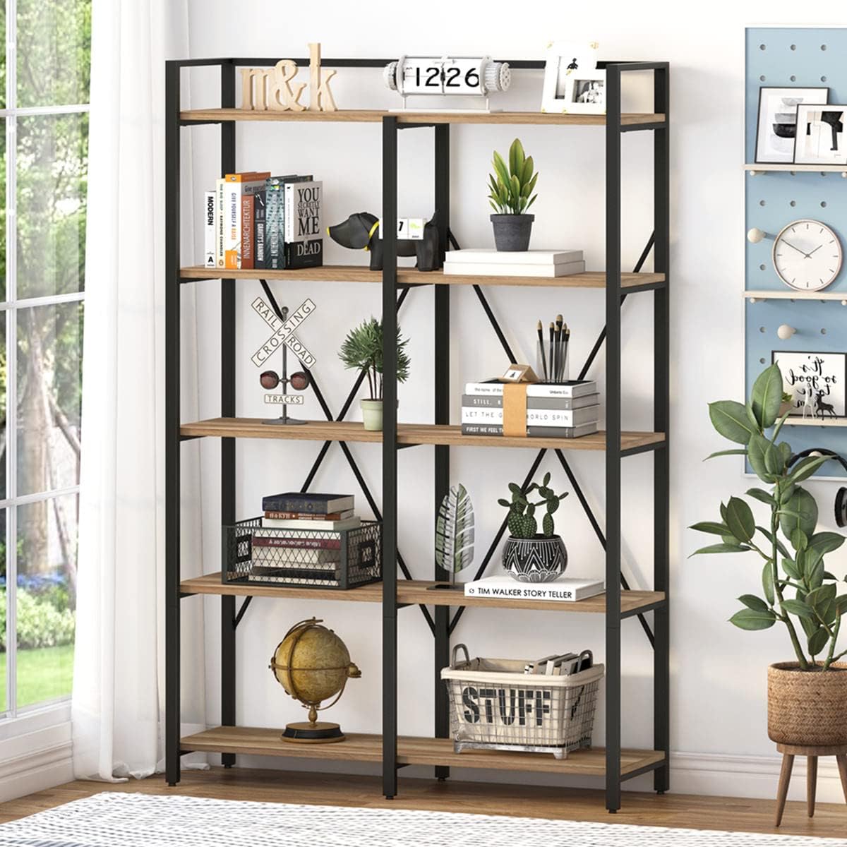 Amazon.com: BON AUGURE Farmhouse Ladder Shelf Bookcase, 4 Tier Rustic ...