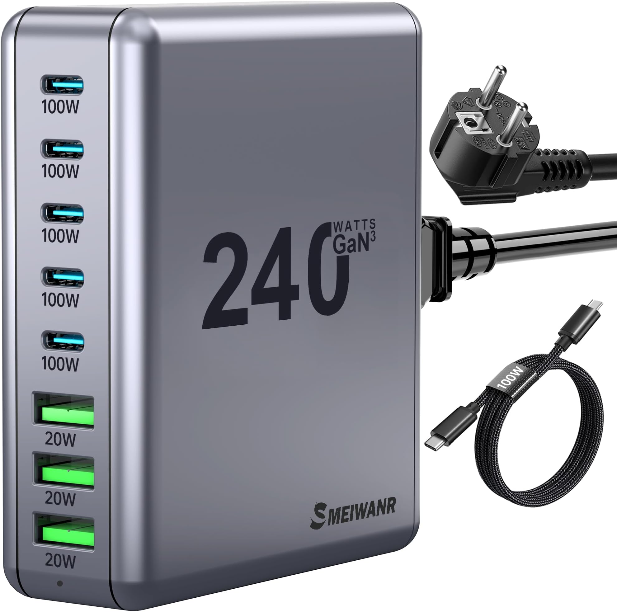Chargeur USB C, SMEIWANR Chargeur USB 240W 8 Ports PD 3,0 Chargeur Rapide avec GaN III Tech ...
