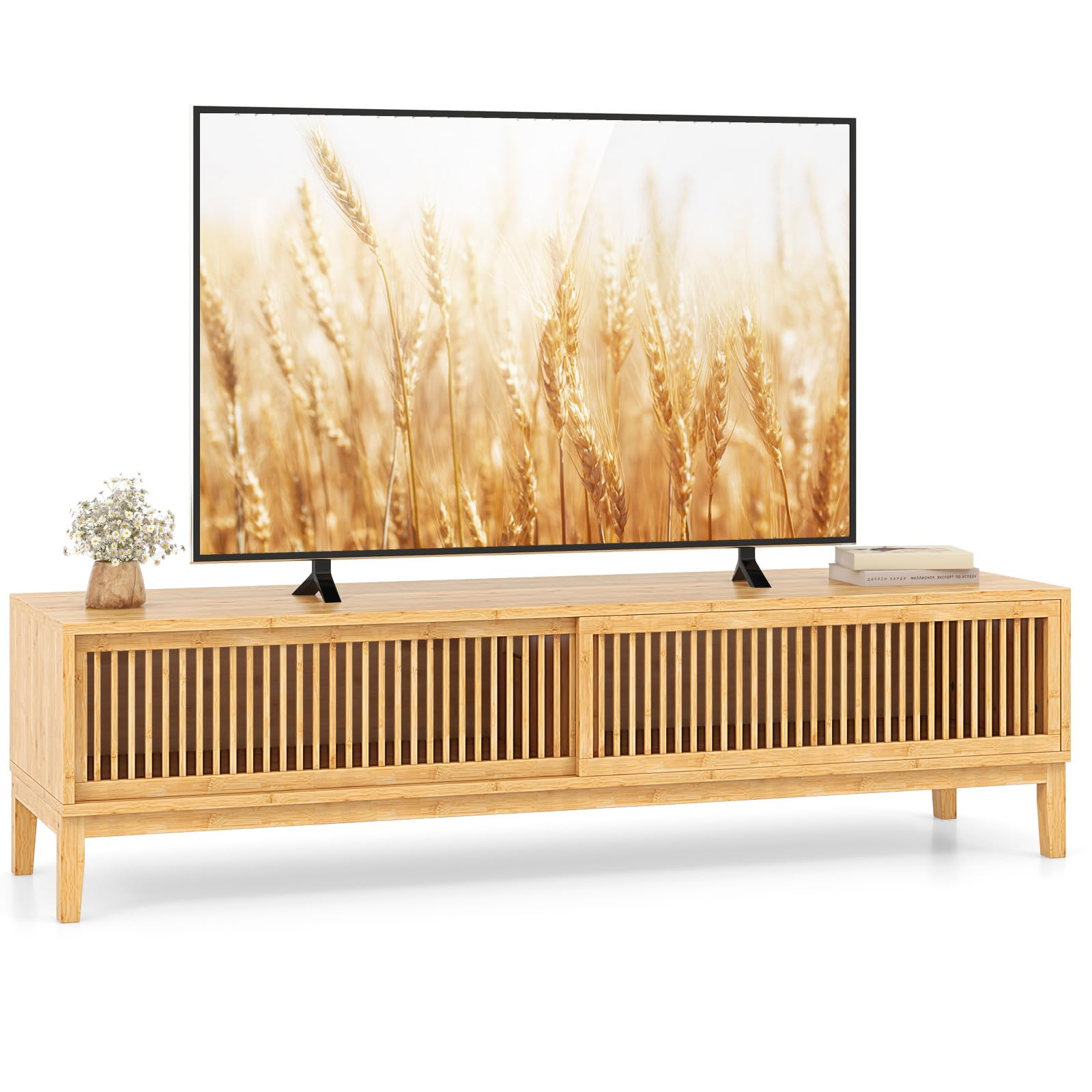 Amazon.com: Tangkula Bamboo TV Stand for TVs Up to 65”, Mid Century ...