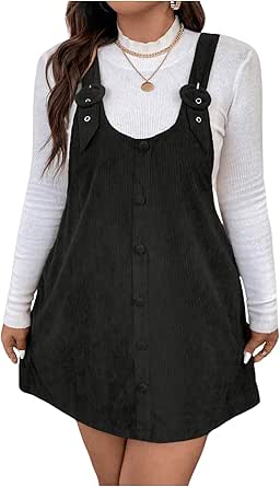 OYOANGLE Women's Plus Size Corduroy Overall Dress Button Front Strap ...
