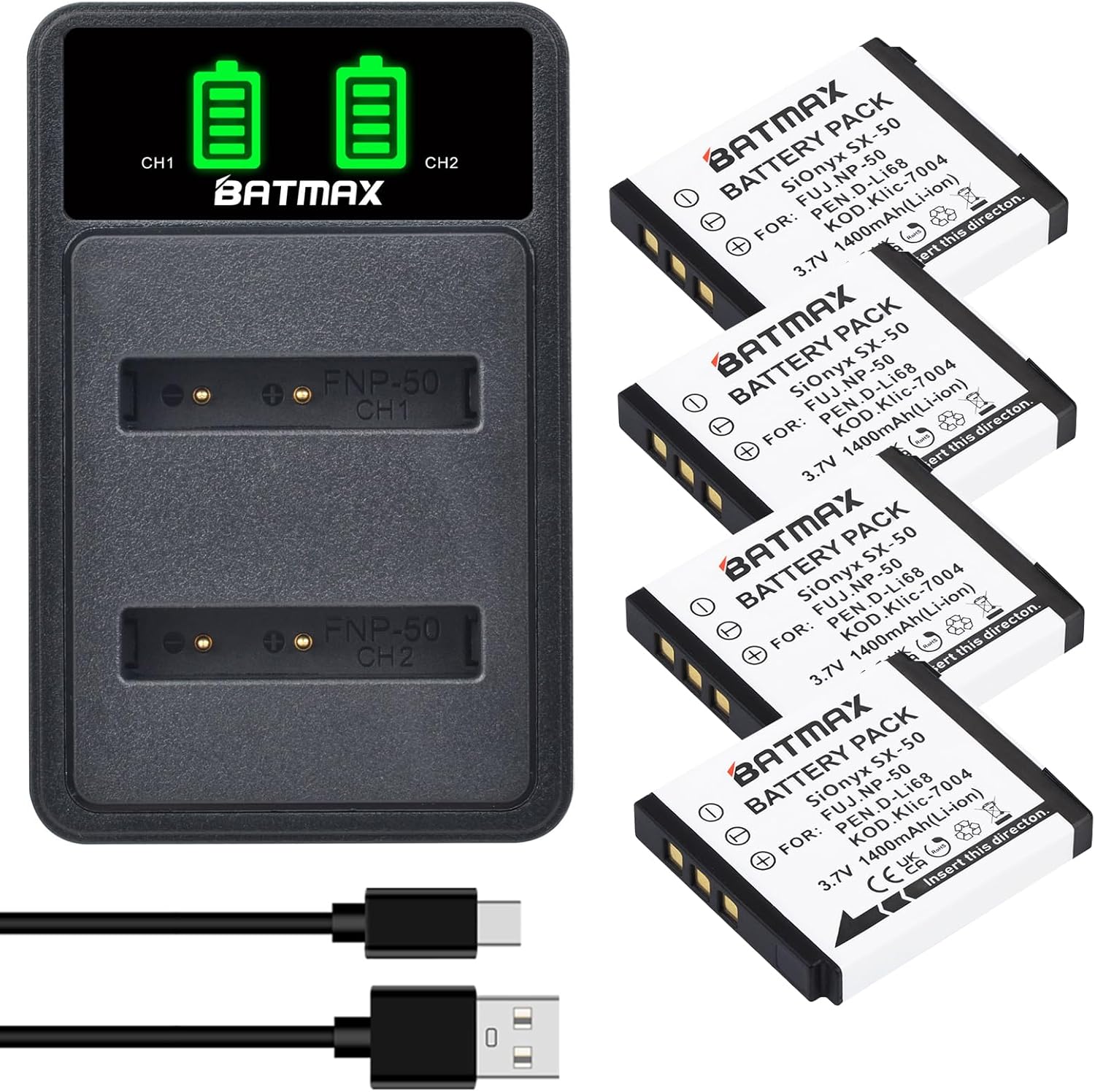 Amazon.com: Batmax 4X 1400mAh NP-50 SX-50 Battery + LED Charger for ...
