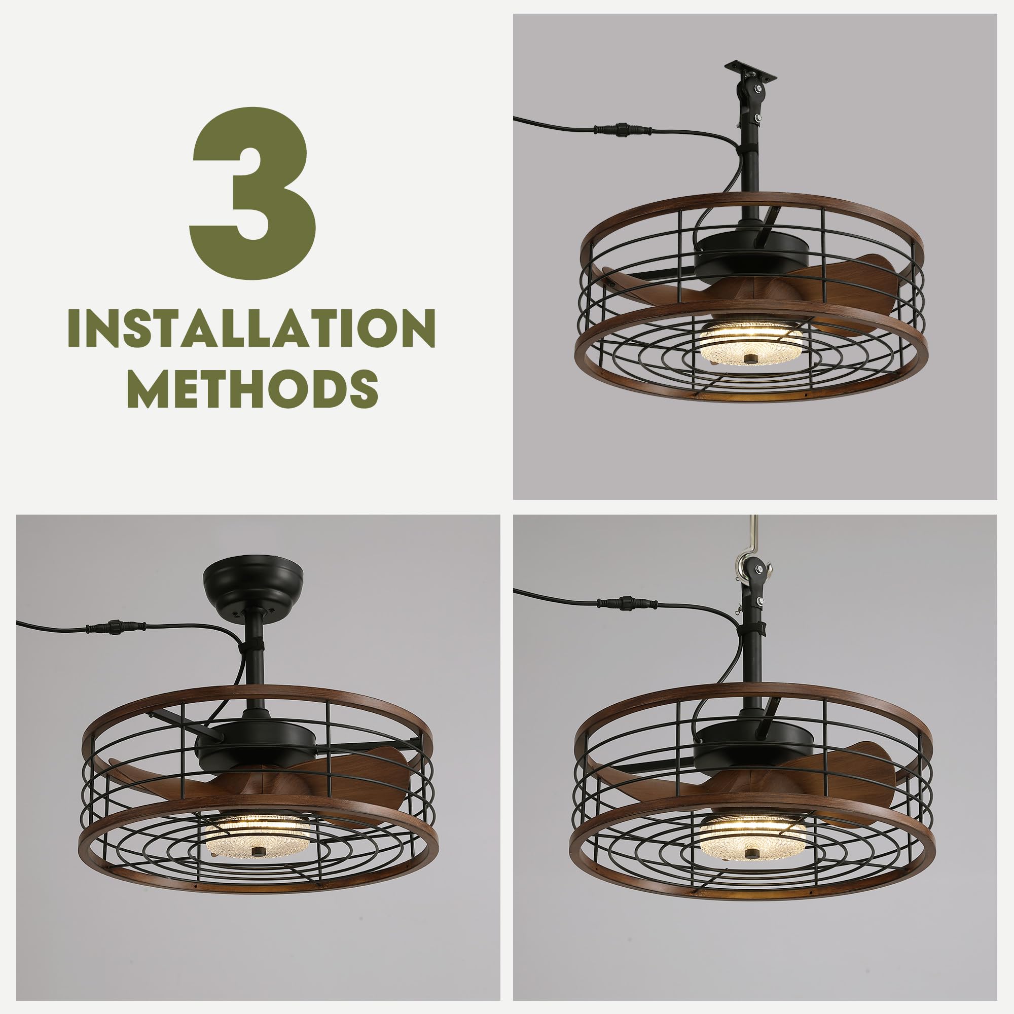 Outdoor Ceiling Fan with Light, Waterproof Plug in Caged Ceiling Fan, 6 ...