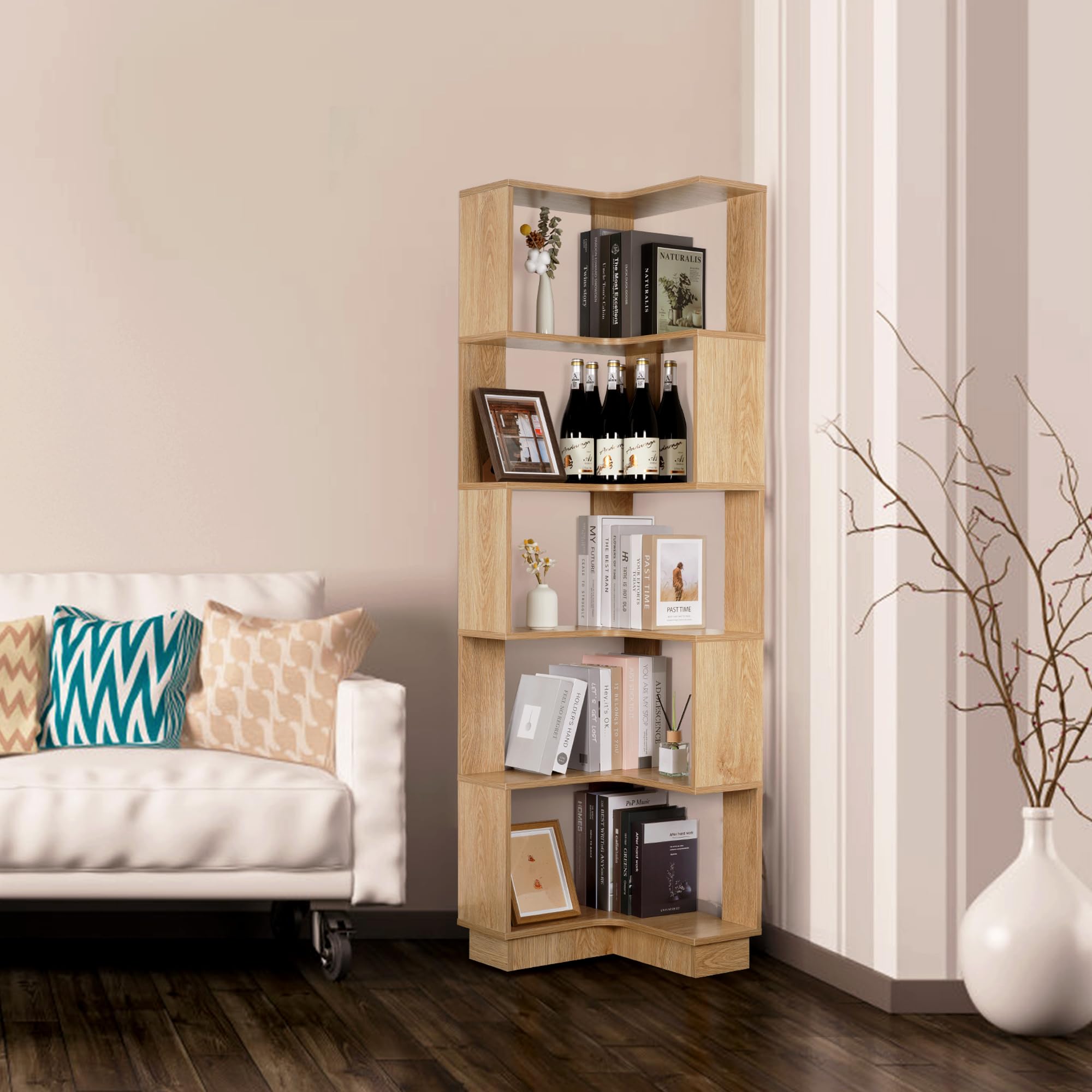 Snapklik.com : Mopam 5 Tier Corner Bookshelf 69 Tall L Shaped Bookcase ...