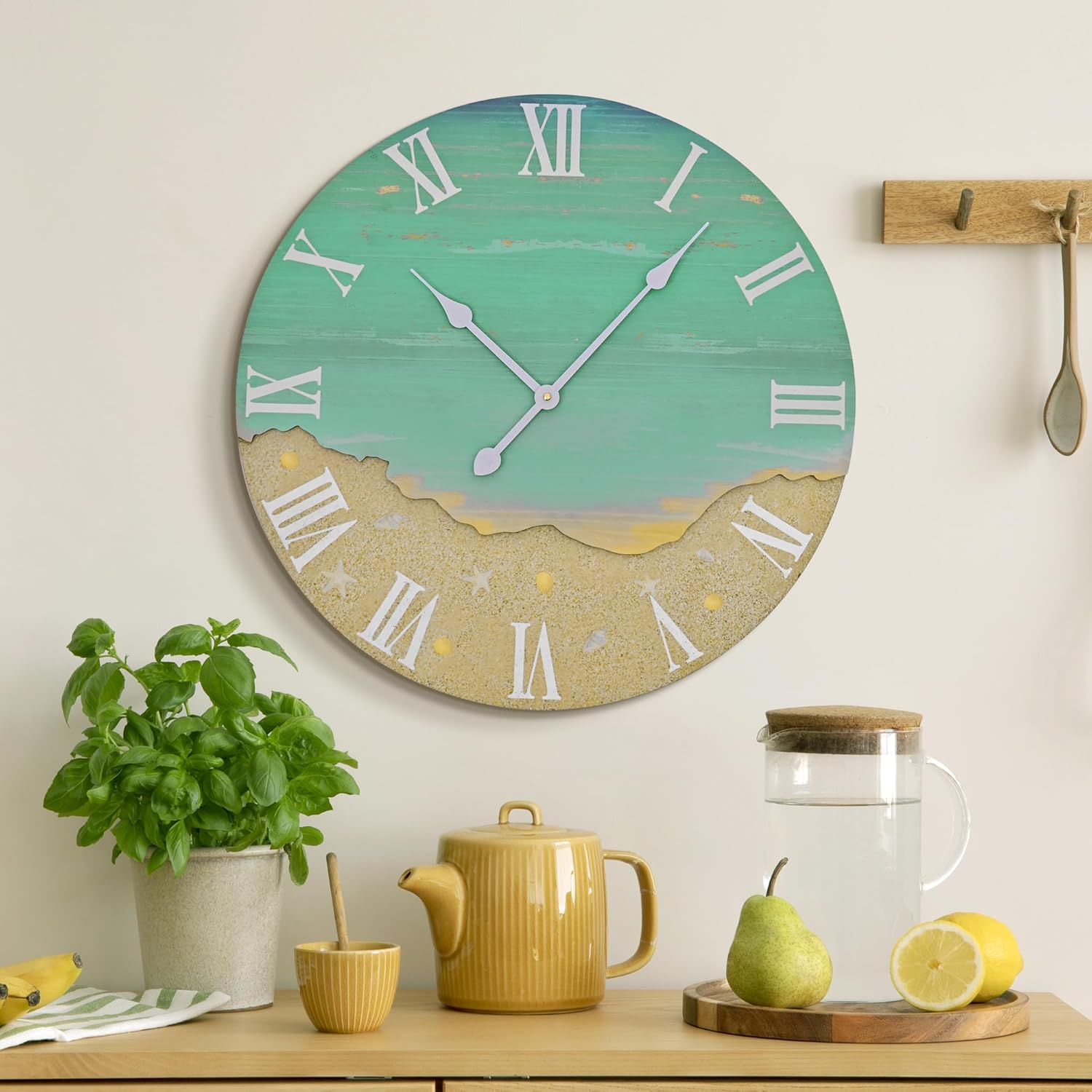 Wooden Round Large Wall Clocks with Ocean Wave Sea Beach,Battery ...