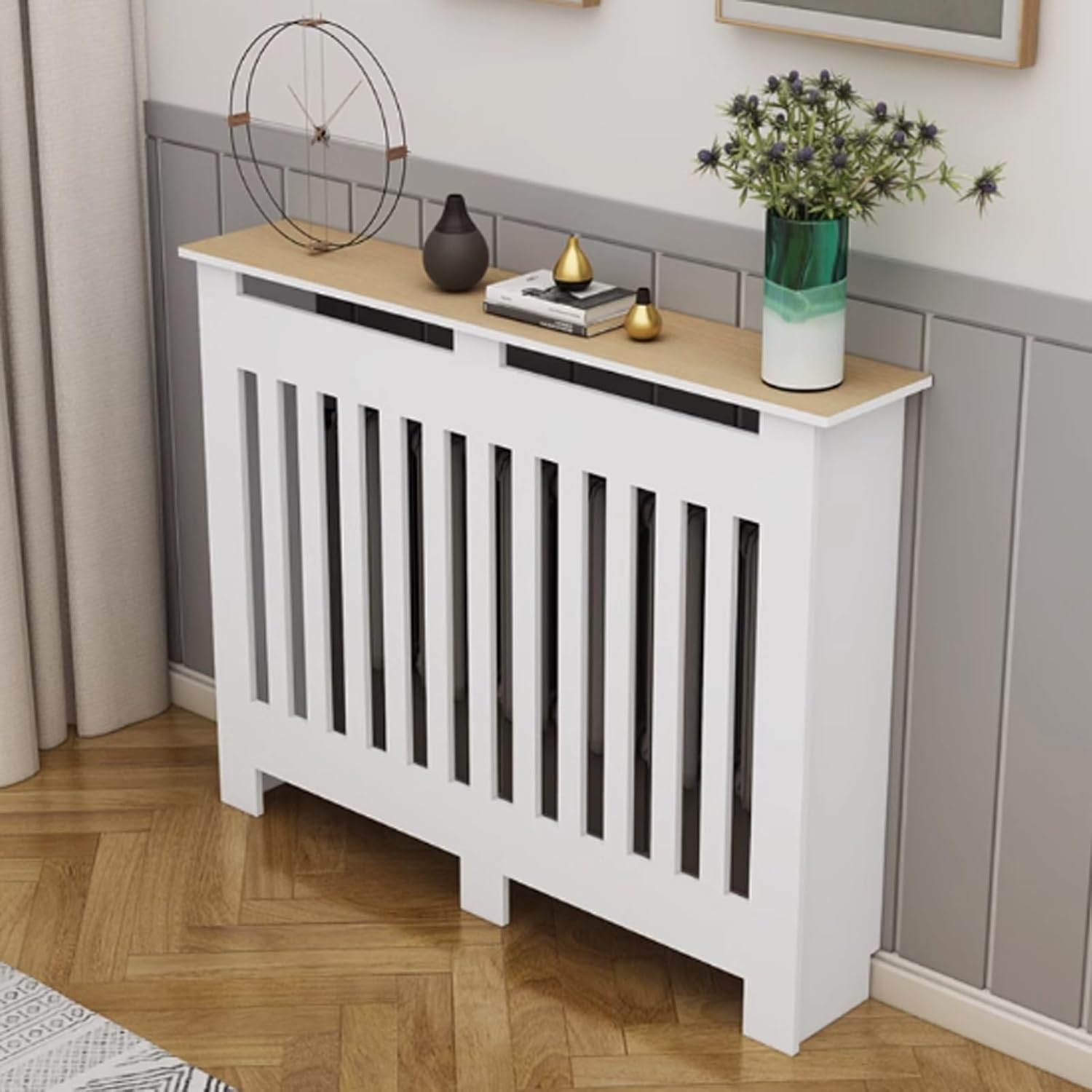 MDF Radiator Cover Cabinet with Louvered Grill Stylish Heating Shelf ...