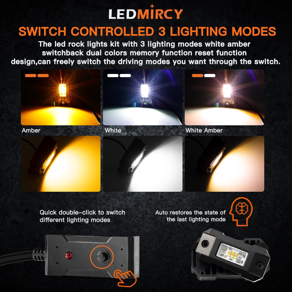 Snapklik.com : LEDMIRCY Switchback Rock Lights Kit White/Amber 12 Pods ...