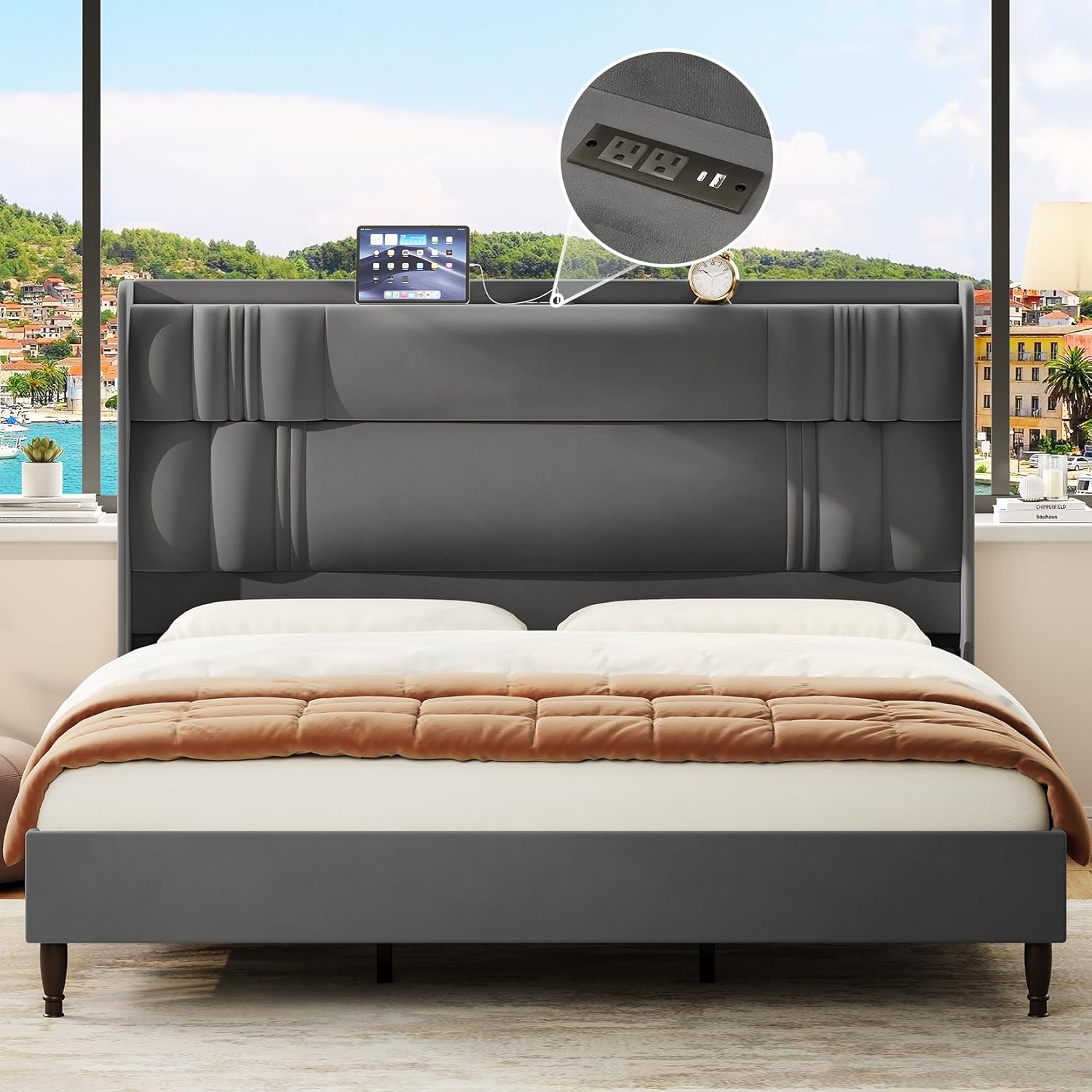 Amazon.com: Welzona King Bed Frames with 52" Tall Upholstered Headboard ...