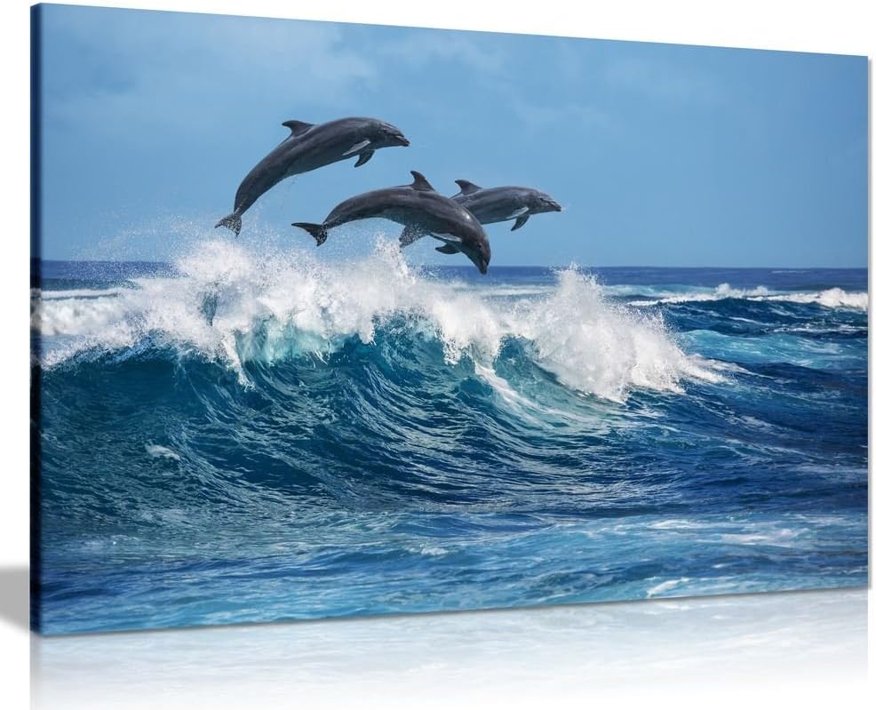 Amazon.com: Dolphins Jumping Over Blue Waves Ocean Wildlife Canvas Wall ...