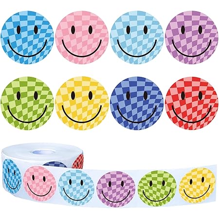Amazon.com: Whaline 1000Pcs Checkered Smile Face Stickers Roll Happy ...