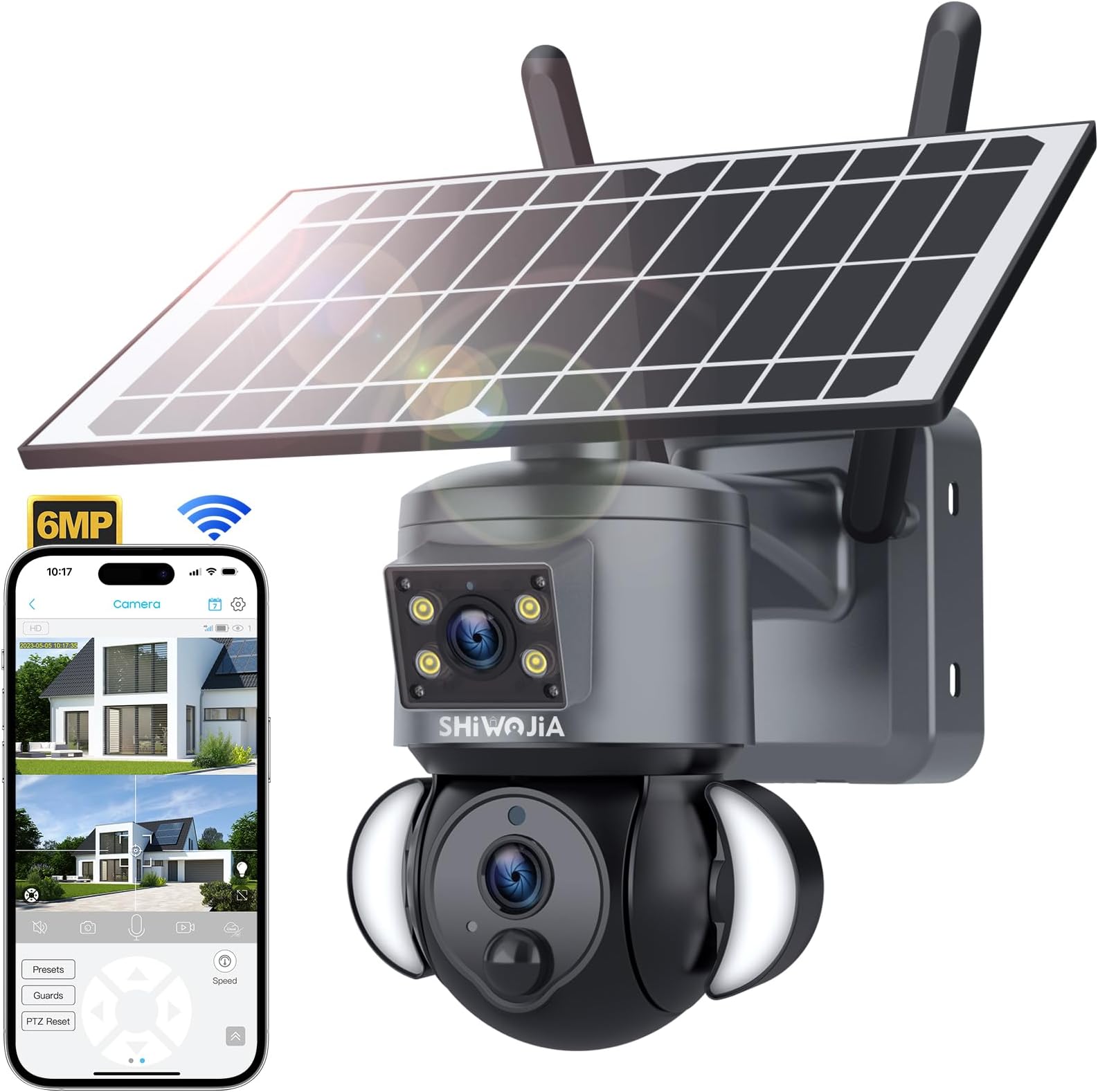 SHIWOJIA Camera Solaire Exterieur WiFi sans Fil, 6MP Double Objectif ...