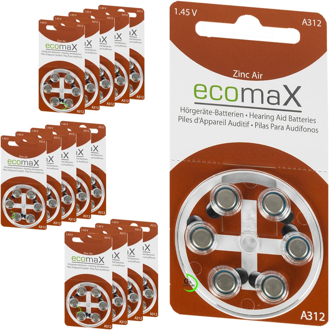 ecomaX Hearing Device Battery Type 312 PR41 Brown A312 Batteries ...