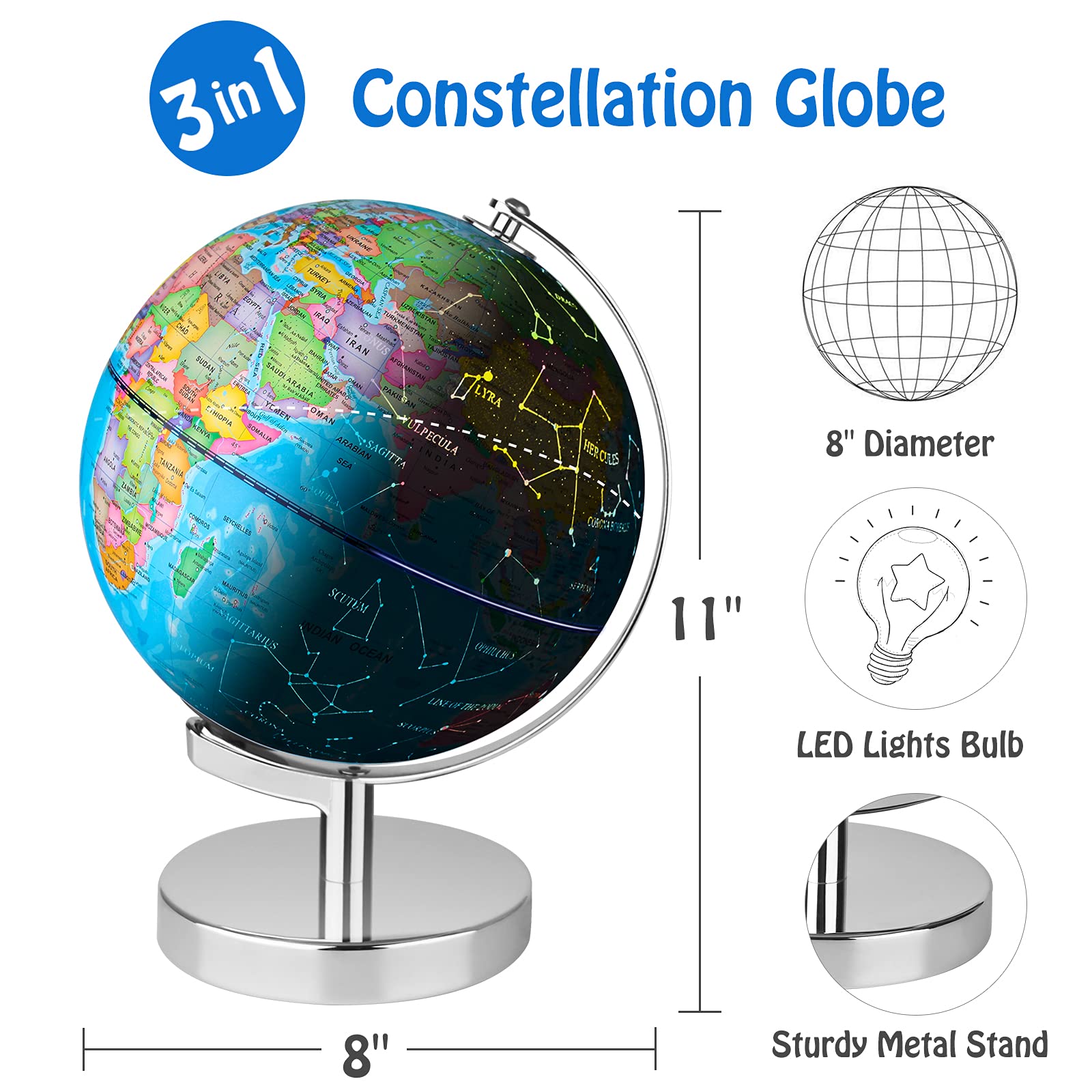 Fun Lites 20cm LED Illuminated Globe for Kids, 3 in 1 Interactive ...