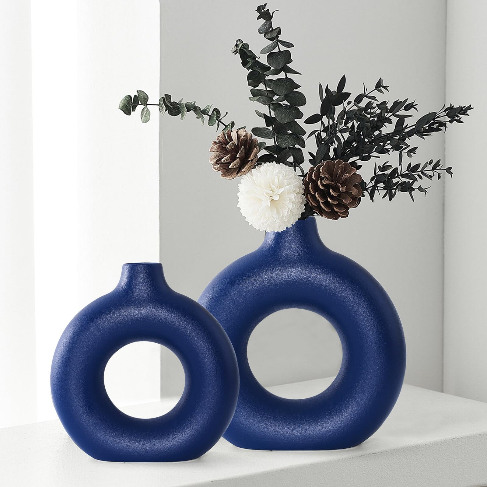 Amazon.com: Modern Blue Ceramic Vase Set of 2 - Decorative Circular ...