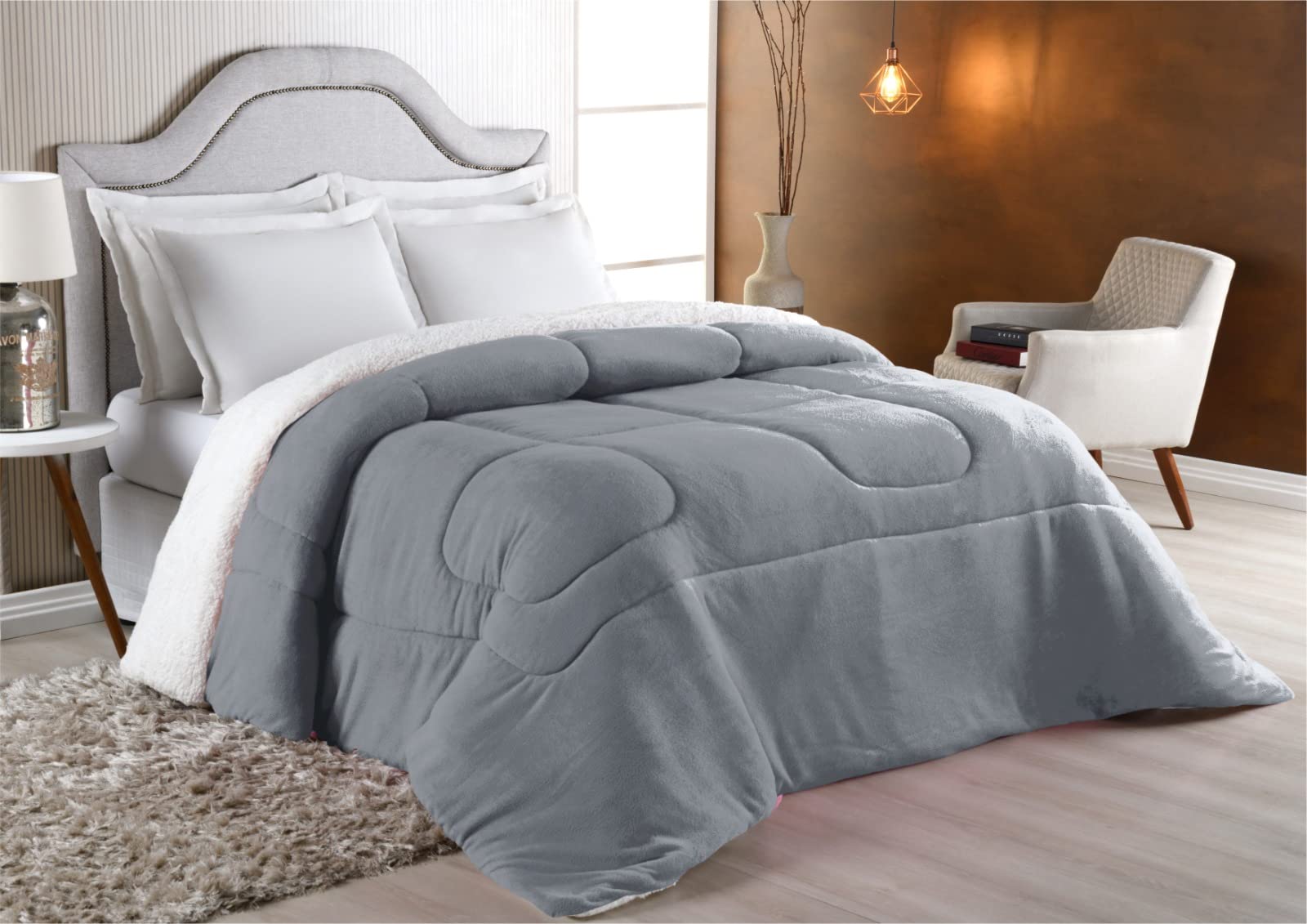 Edredom Sherpa Cobertor Coberdrom Casal Queen Pele Carneiro (Cinza ...