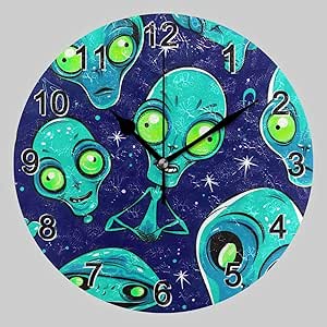 Amazon.com: CHIFIGNO Teal Aliens Round Circle Clock, Silent Clock Wall ...