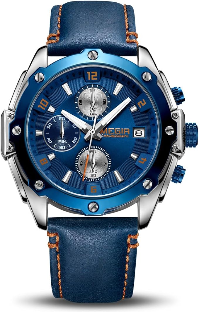 Amazon.com: MEGIR Men Business Analogue Quartz Watch with Fashion Blue ...