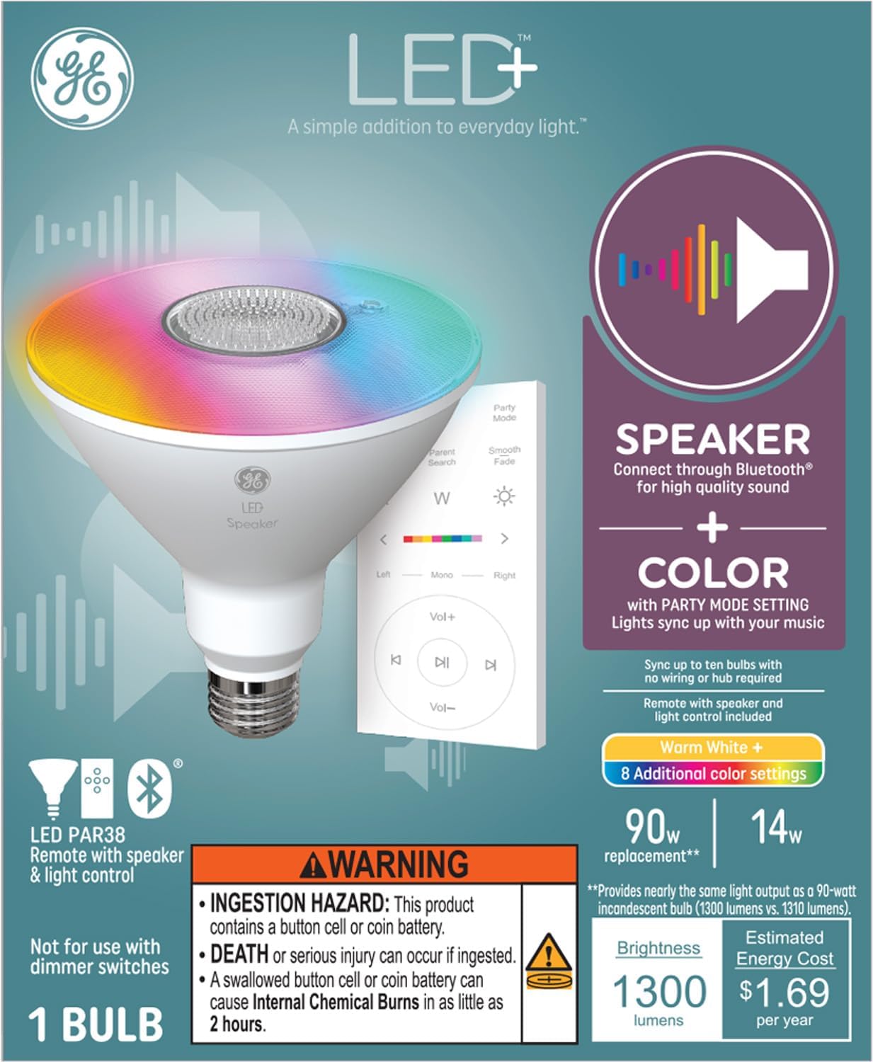 Amazon.com: GE LED+ Color Changing Speaker LED Light Bulb with Remote ...