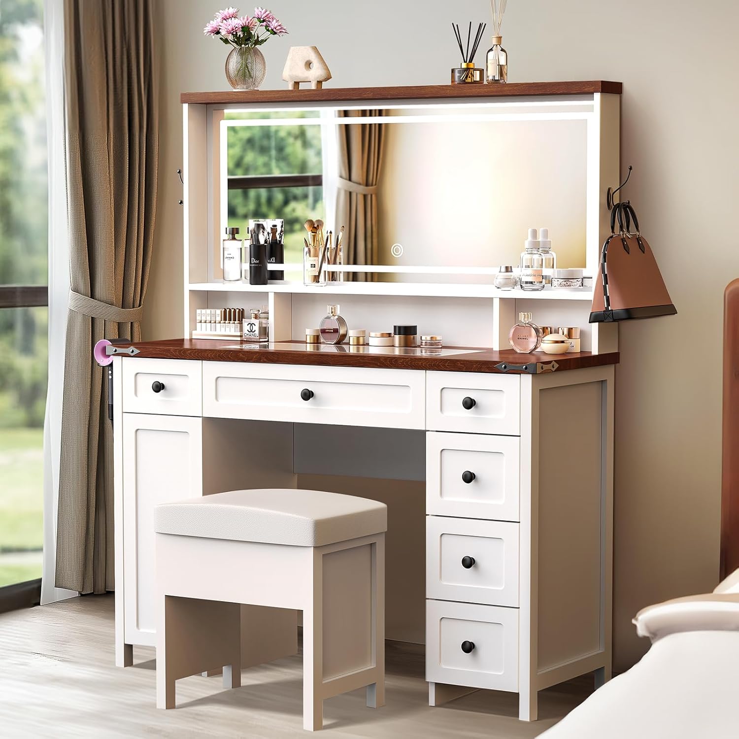 Amazon.com: KOLIGEY Vanity Desk with Mirror and Lights, 45"W Farmhouse ...