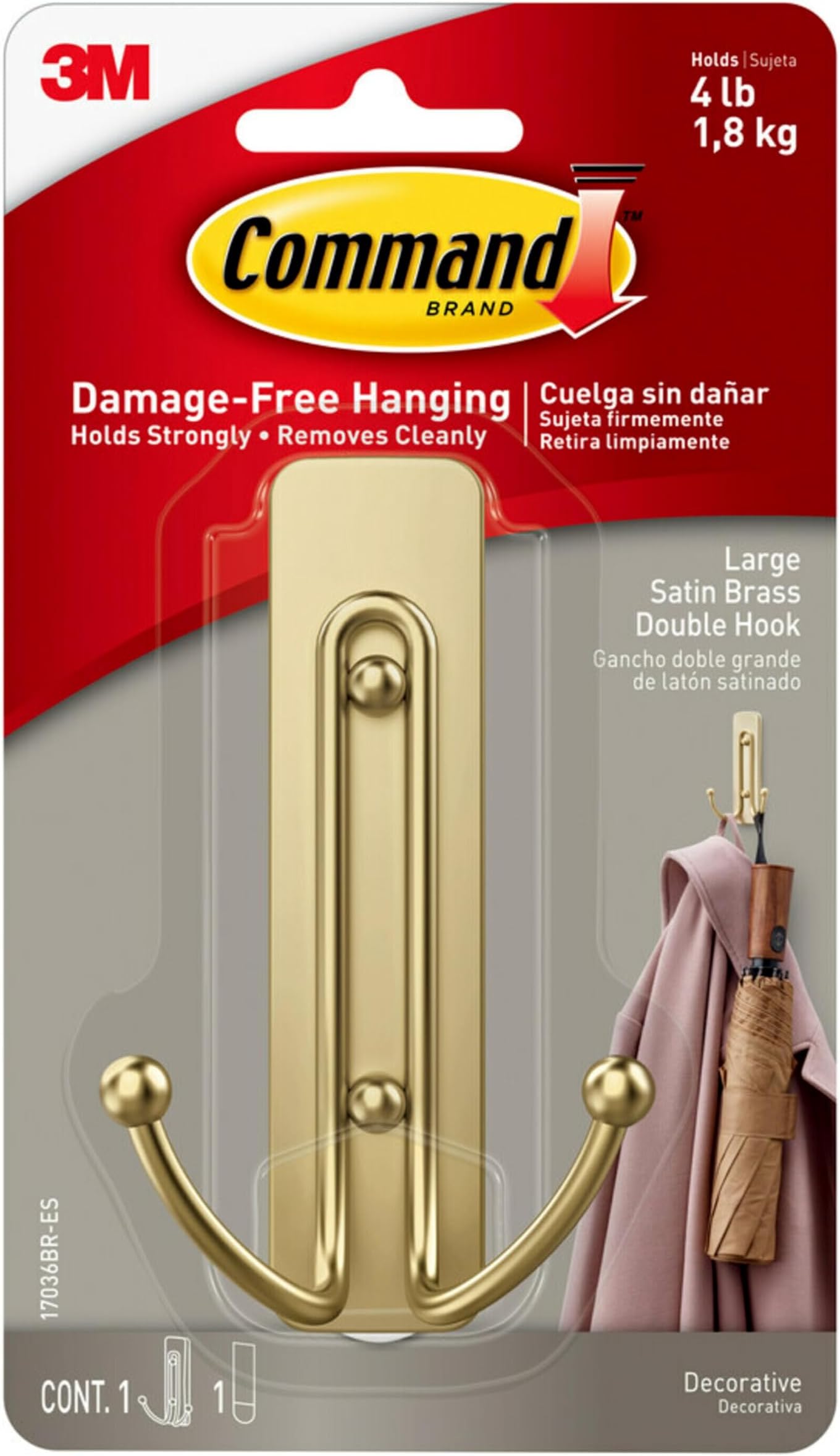 Amazon.com: Command Large Satin Brass Double Hook, 1 Hooks and 1 ...