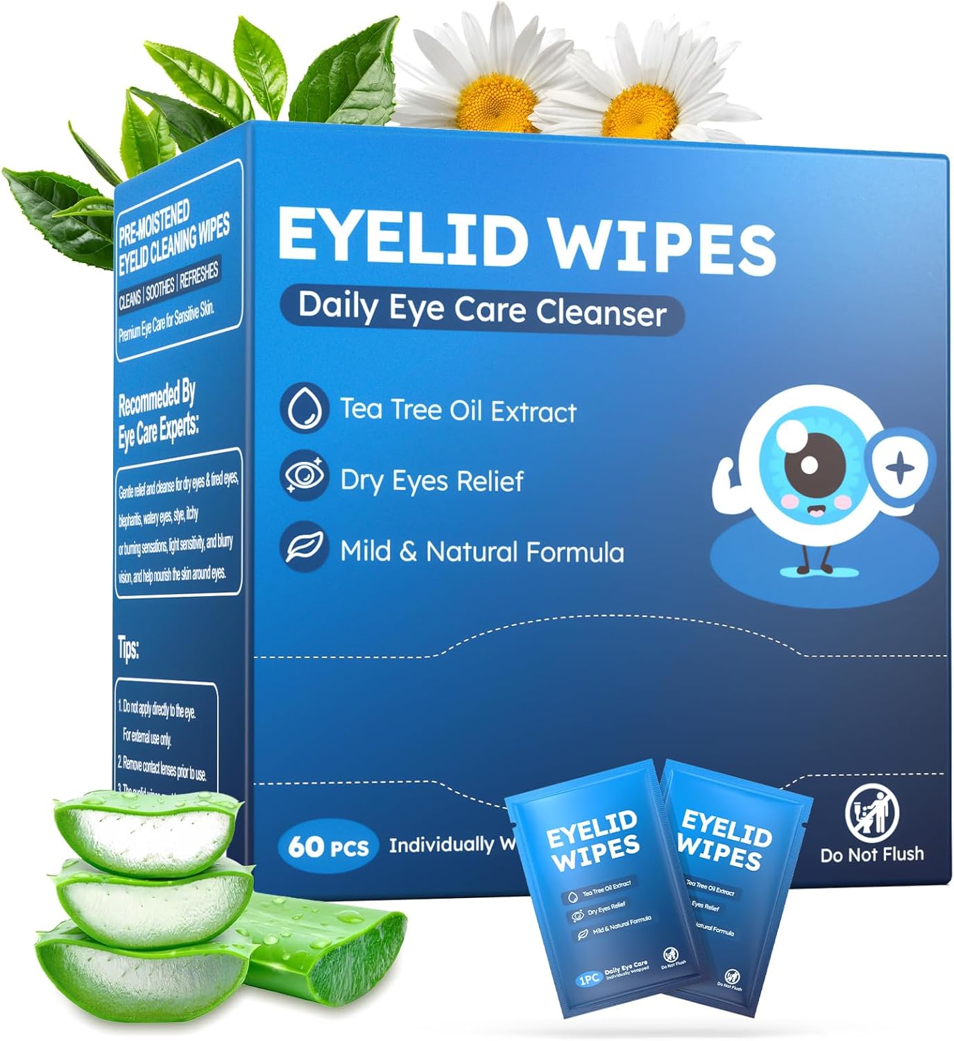 60PCs Eyelid & Lash Wipes with Hyaluronic Acid, Tea Tree Oil Eyelid ...