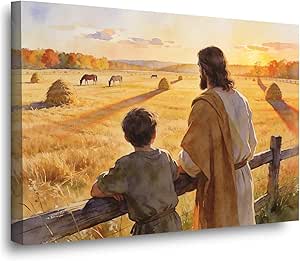 Jesus And Boy Walking By The Pasture Haystacks And Fence Meaningful ...
