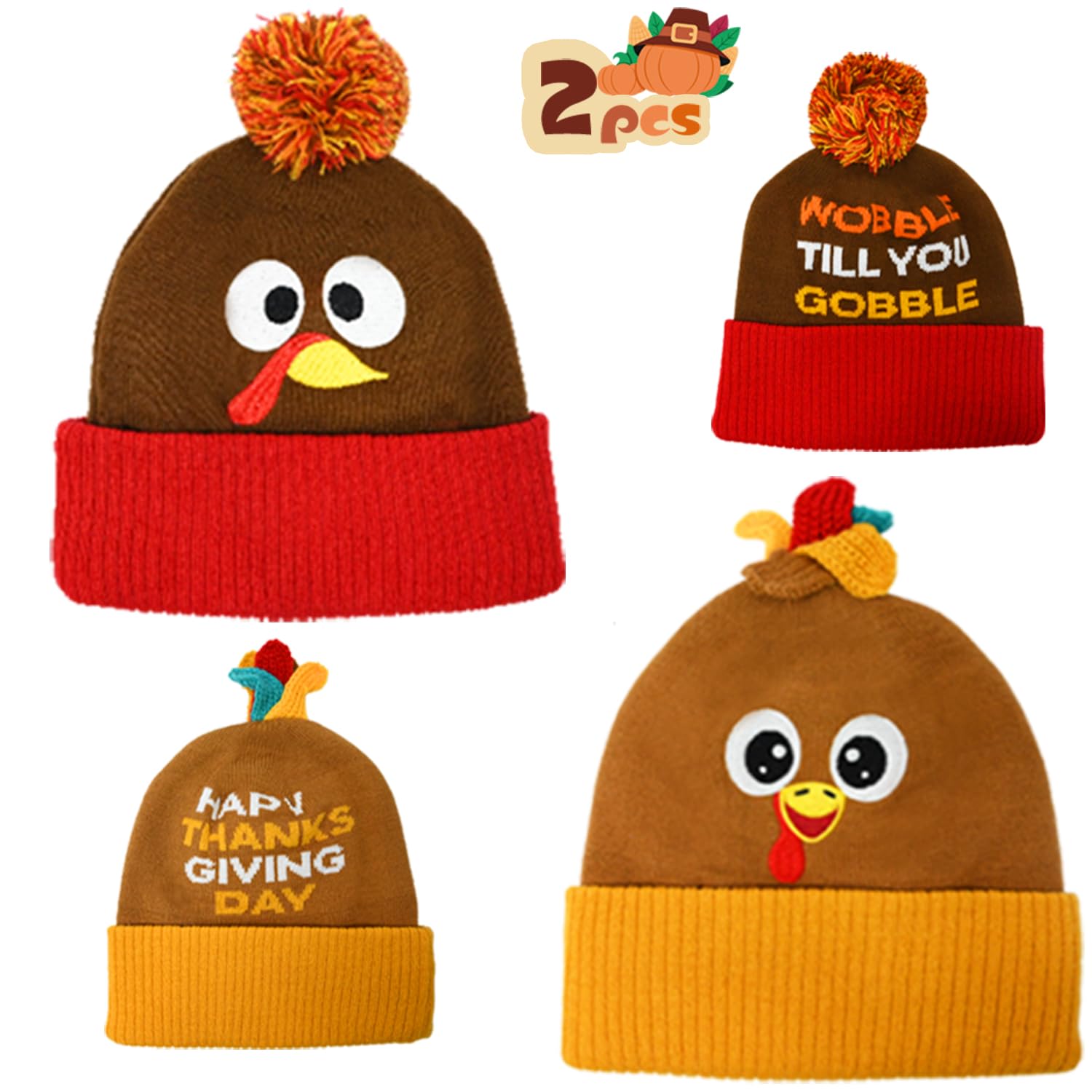 Amazon.com: LUKBERA 2pcs Thanksgiving Turkey Beanie Hats, Pom Pom ...