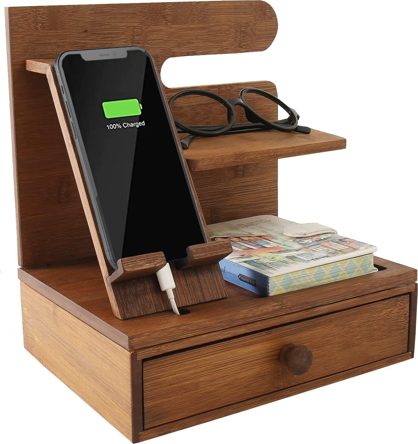Sunhoo Bamboo Desktop Phone Docking Station Drawer Nightstand Organizer ...