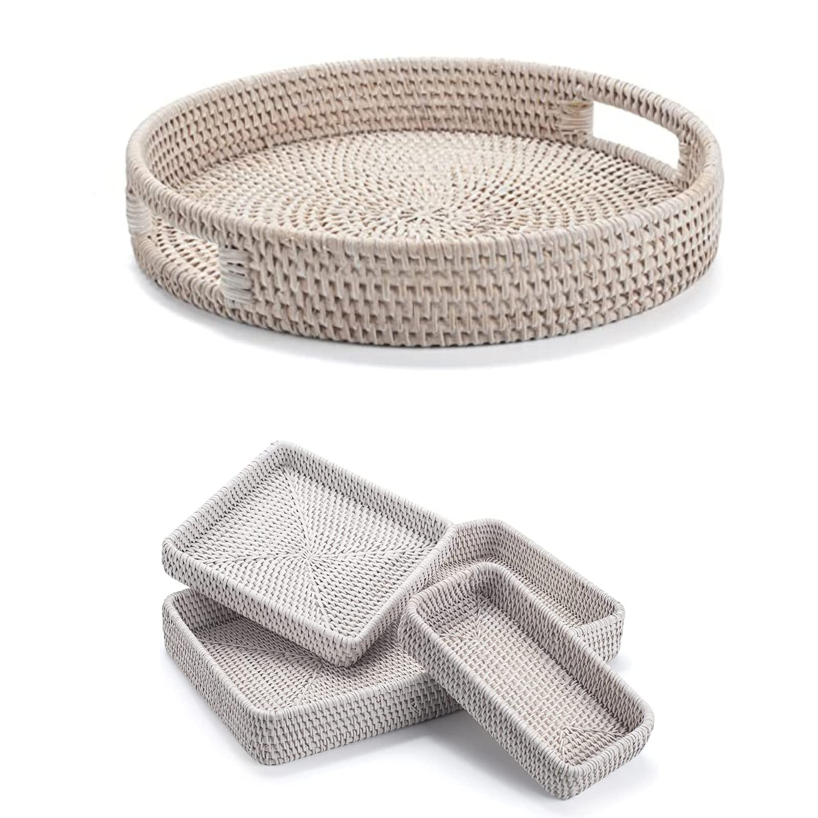 Amazon.com: YangQiHome Rattan Round Serving Tray with Cut-Out Handles ...