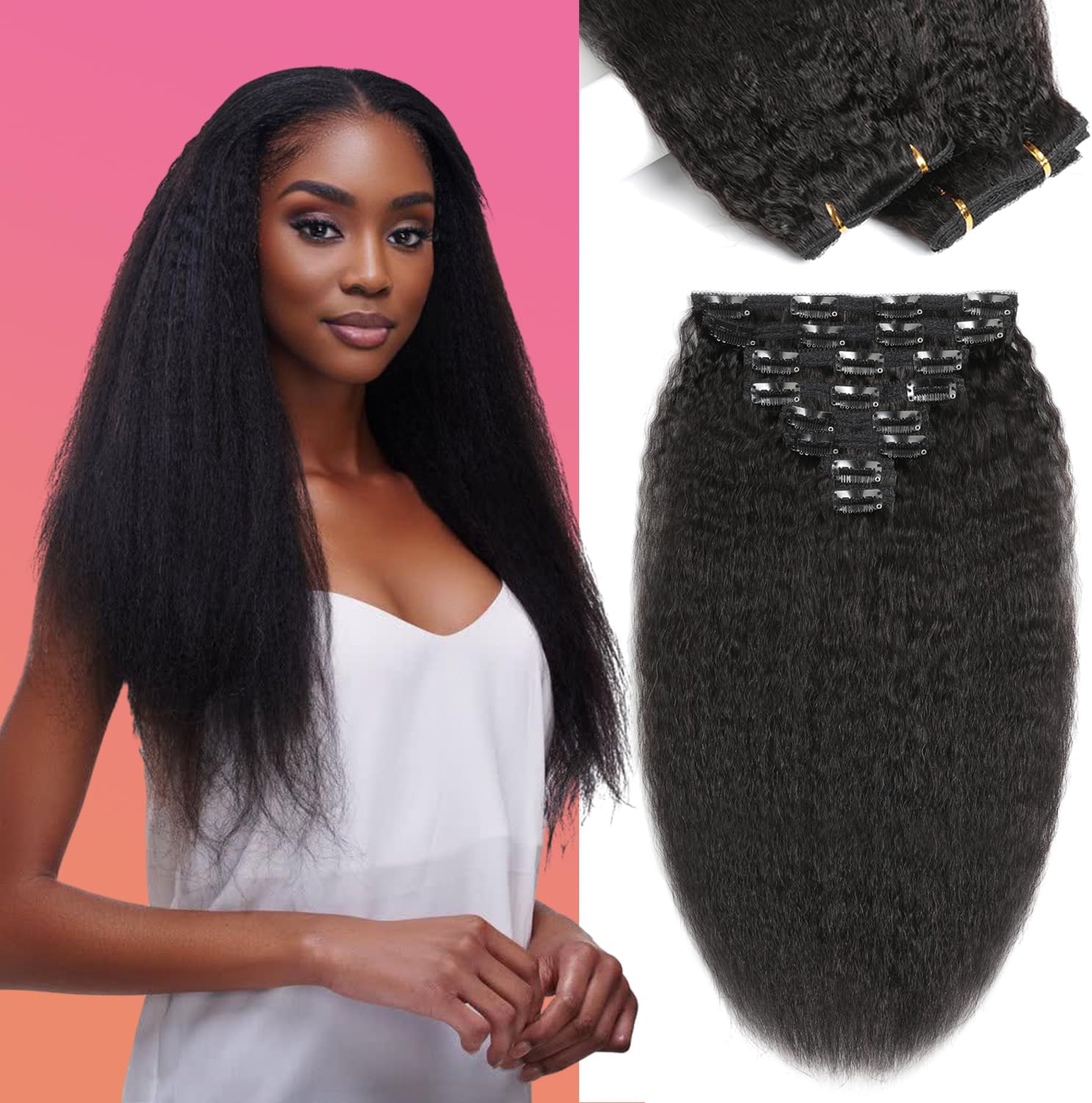Amazon.com : LANWIUKU Kinky Straight Clip Ins Hair Extensions Real ...