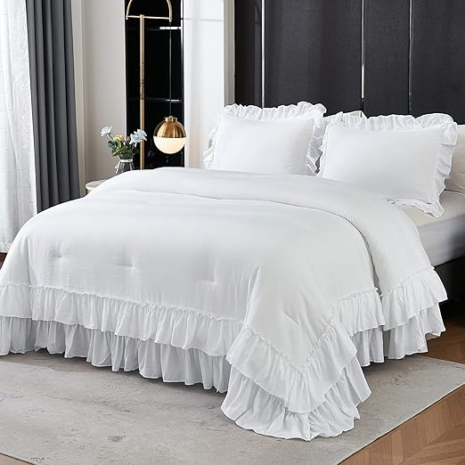 Amazon.com: Andency White Ruffle Comforter Full Set, 3pcs Vintage ...