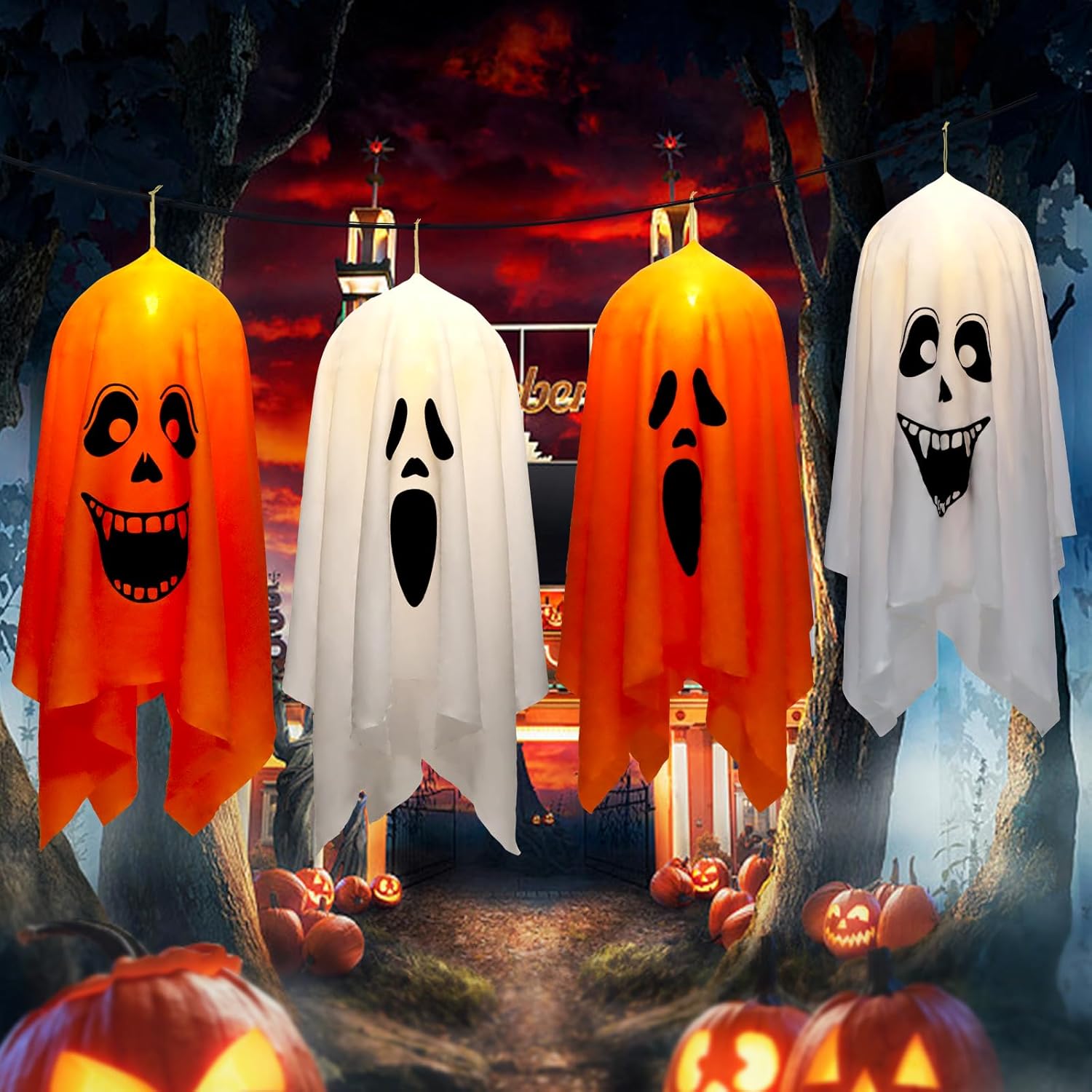 Amazon.com: 4PCS Halloween Hanging Ghost Decoration with LED Light ...