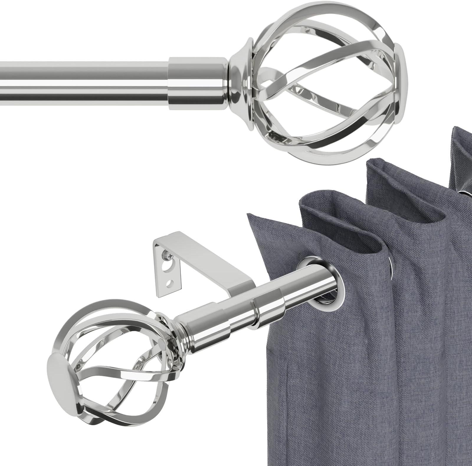 Amazon.com: Silver Curtain Rods for Windows 66 to 120 with Cage Finials ...
