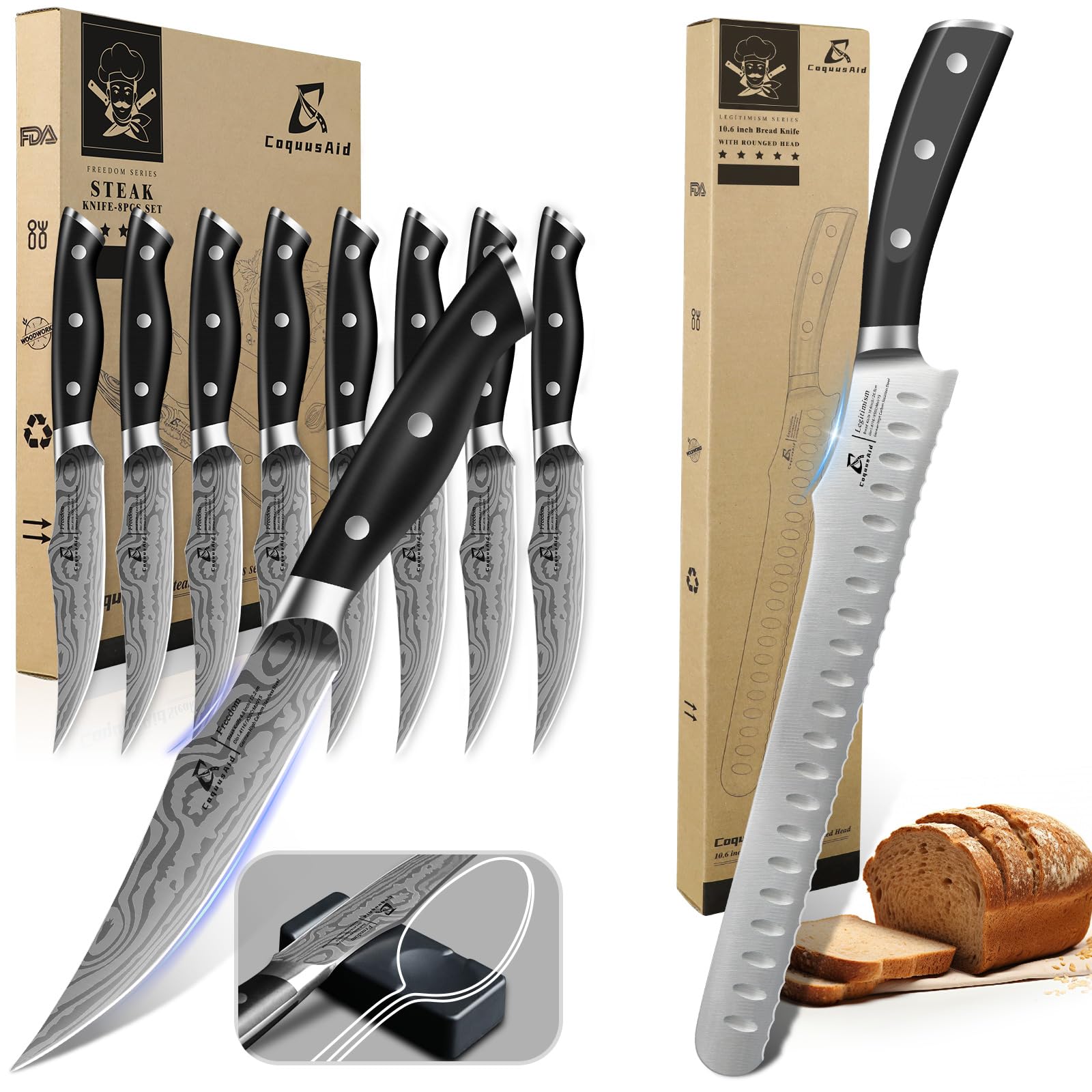 Amazon.com: CoquusAid Steak Knives Set of 8+Bread Knife for Homemade ...