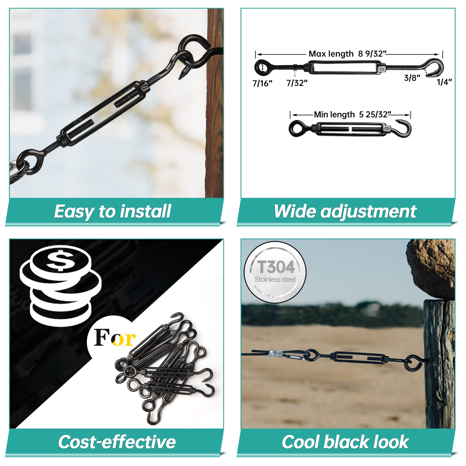 Snapklik.com : 10 Pack M6 Black Turnbuckle Stainless Steel Turnbuckles ...
