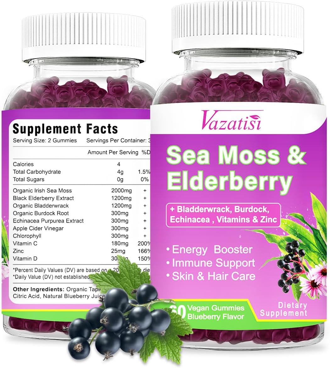 Amazon.com: 2 Pack Vegan Sea Moss & Elderberry Gummies, Contains Irish ...